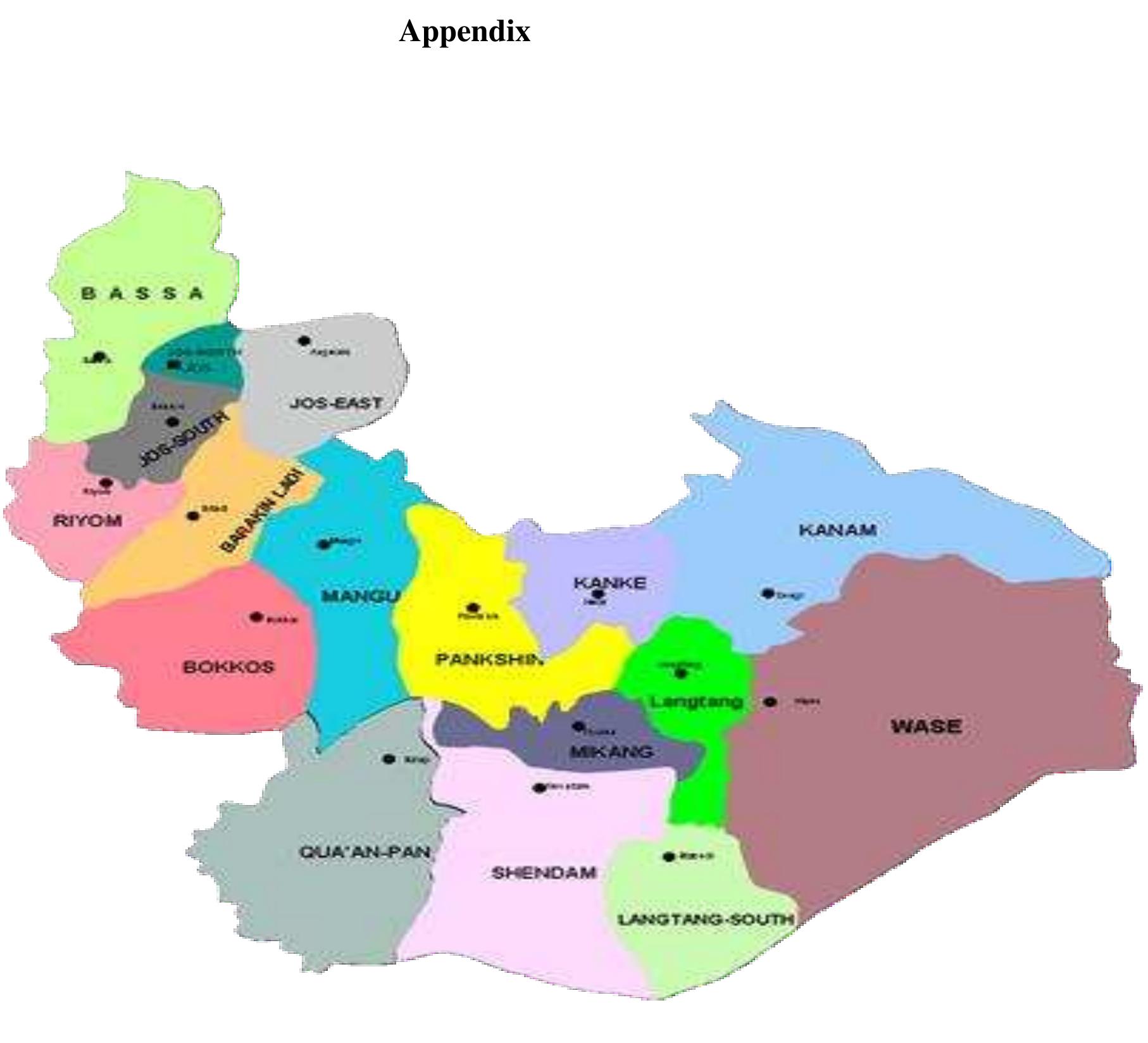Map of plateau state showing 17 local government councils
