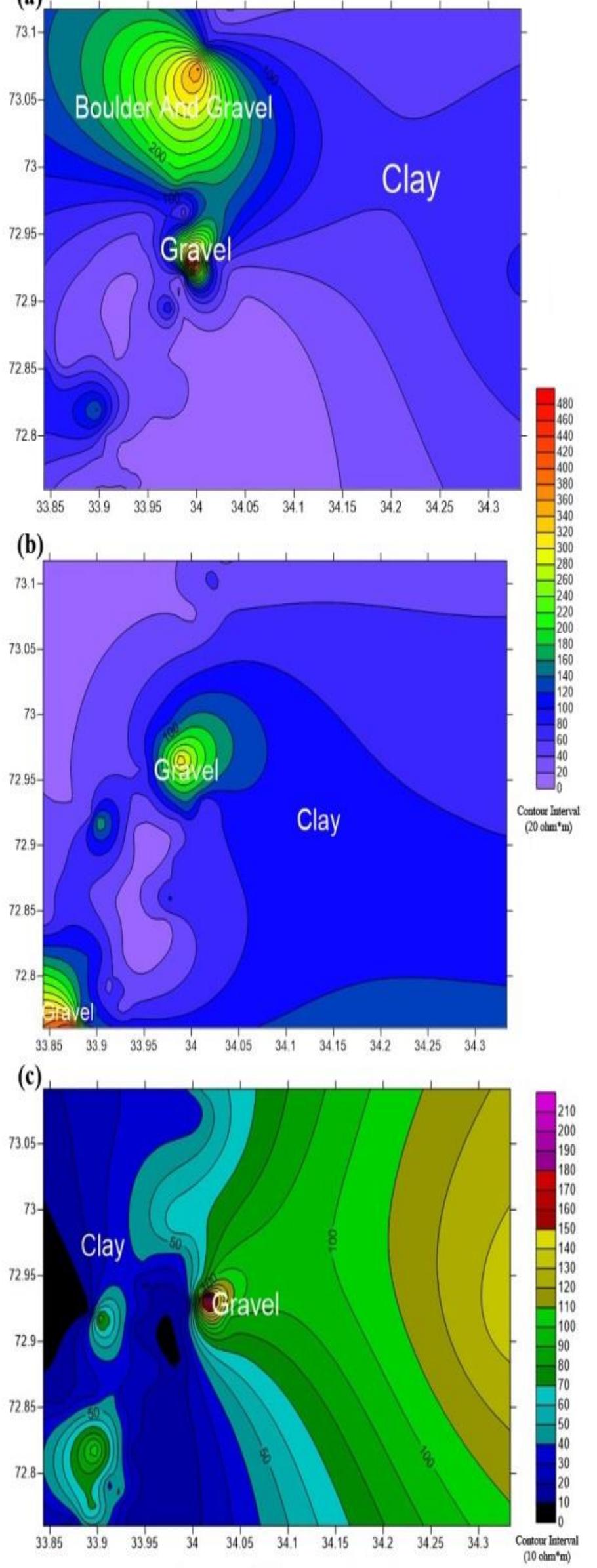 A, b and c showing iso-resistivity map drawn at 30m, 50m and