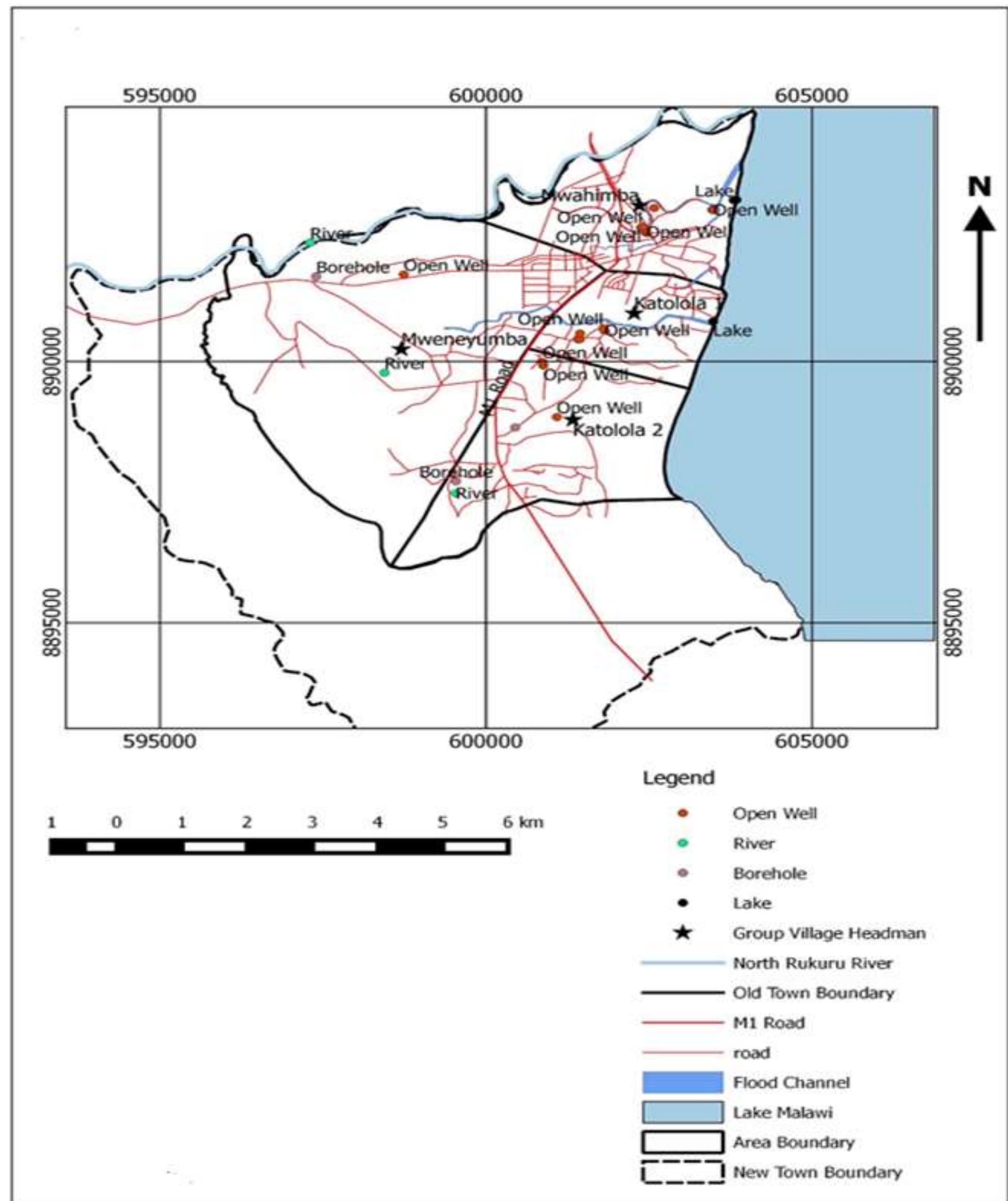 Map of karonga town showing sampled water points.