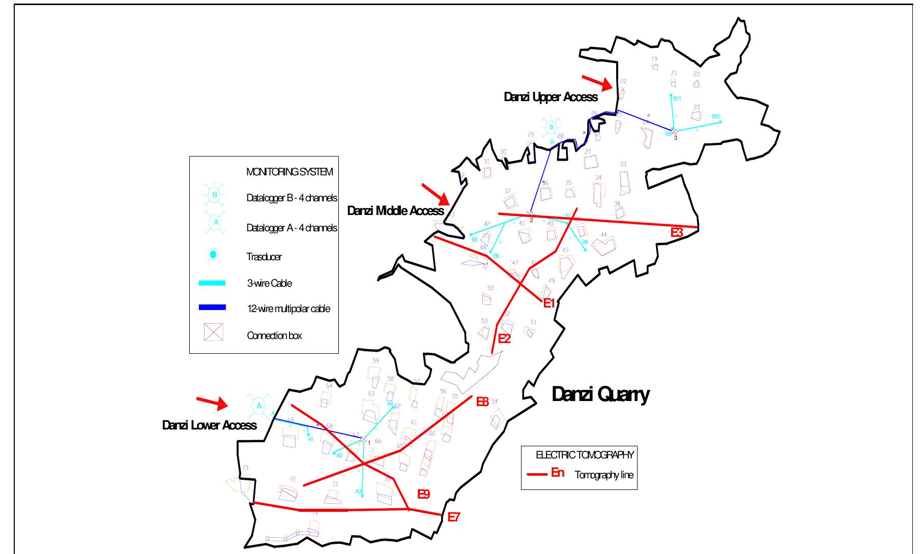 Map of danzi quarry showing roofs of pillars (blue) and base