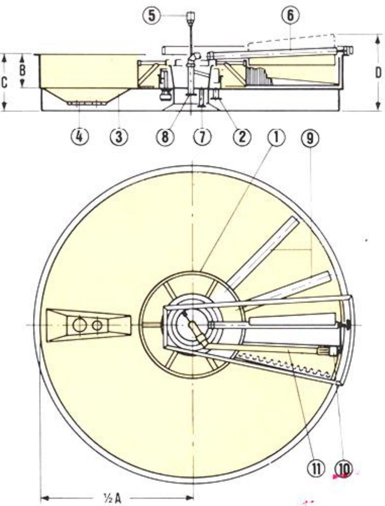 Top view and side view of a single cell daf clarifier (a