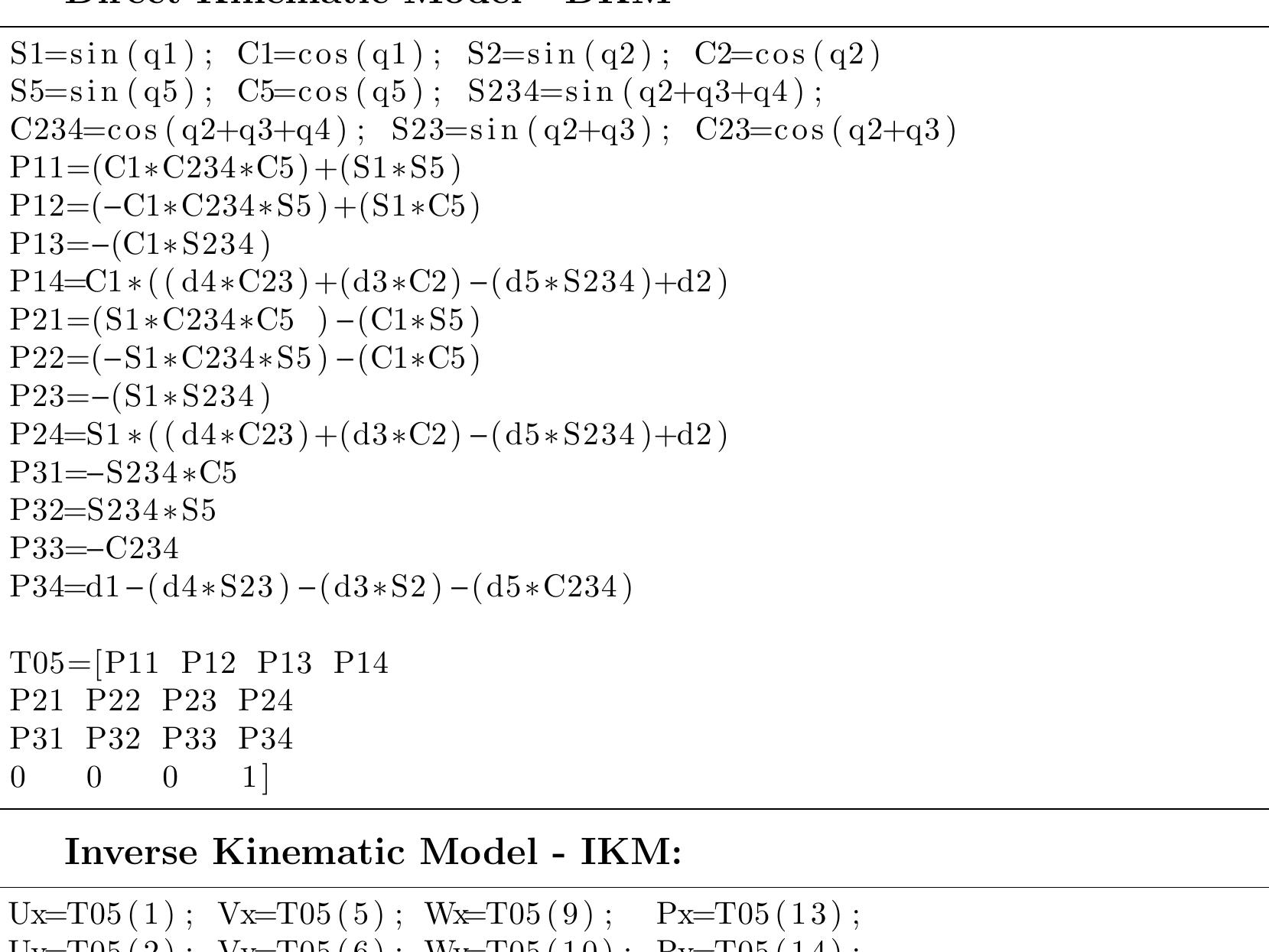 Table 2 - Kinematic model of the scorbot 4PC manipulator