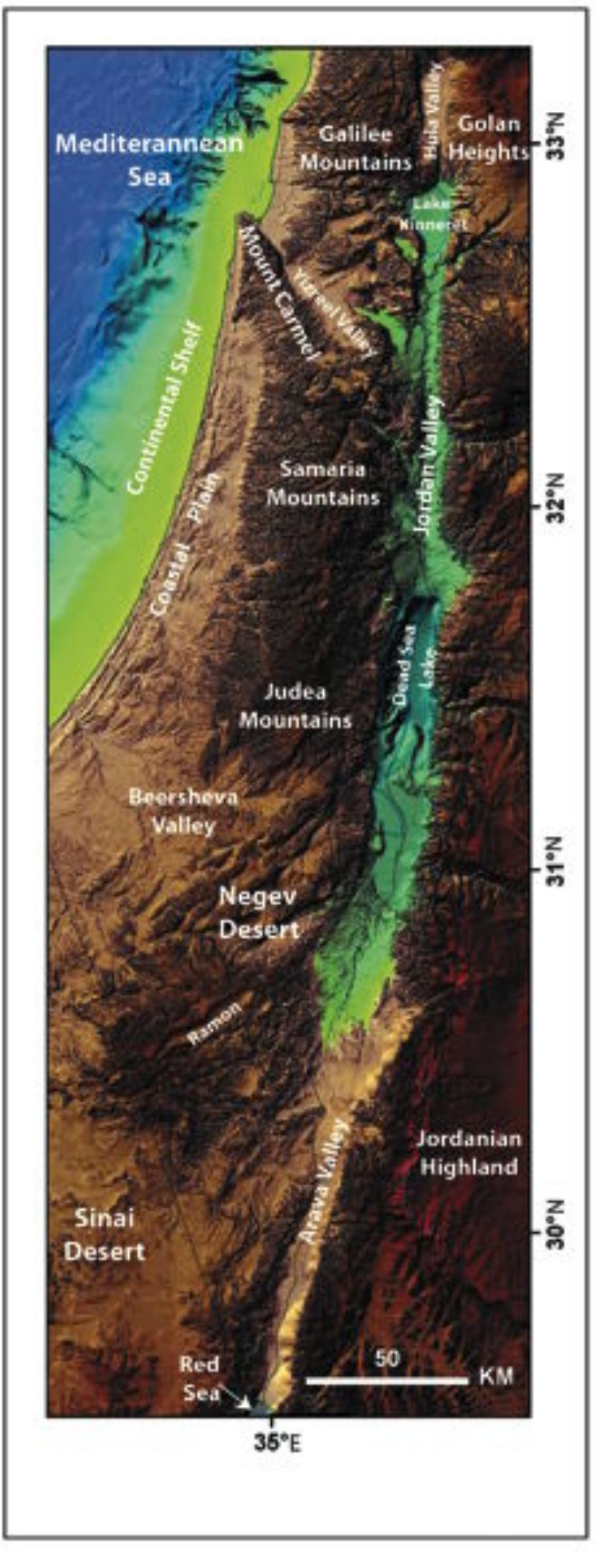Landforms of israel shown in colored shaded relief image.