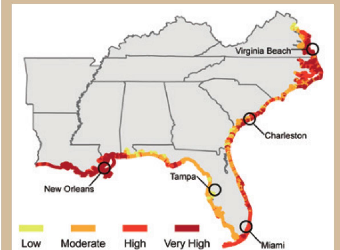 The map shows the relative risk as sea level rises using a