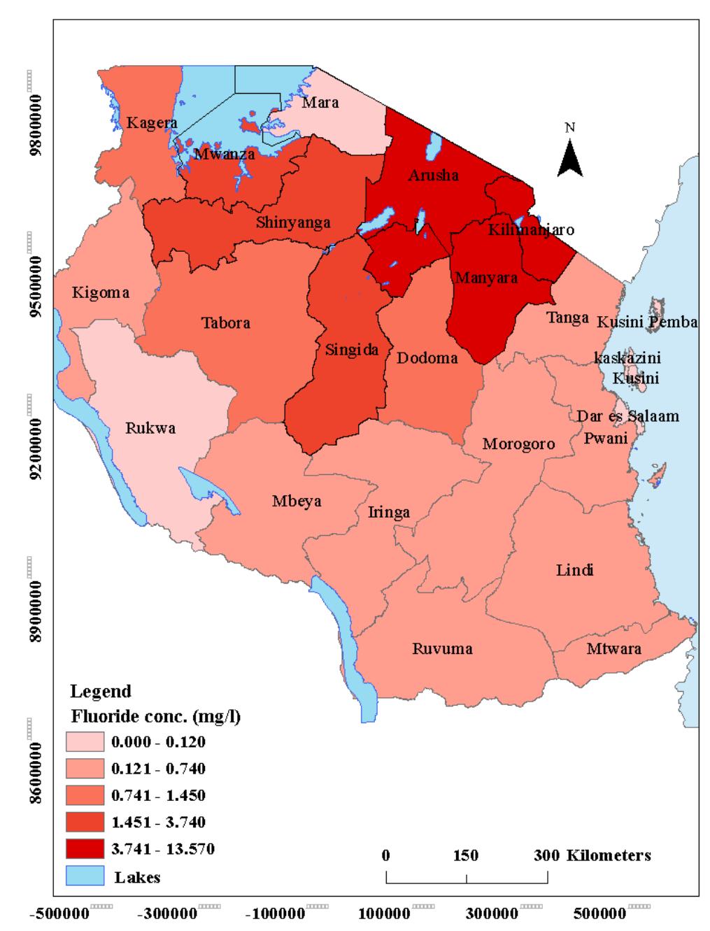 A map of tanzania showing fluoride distribution by regions,