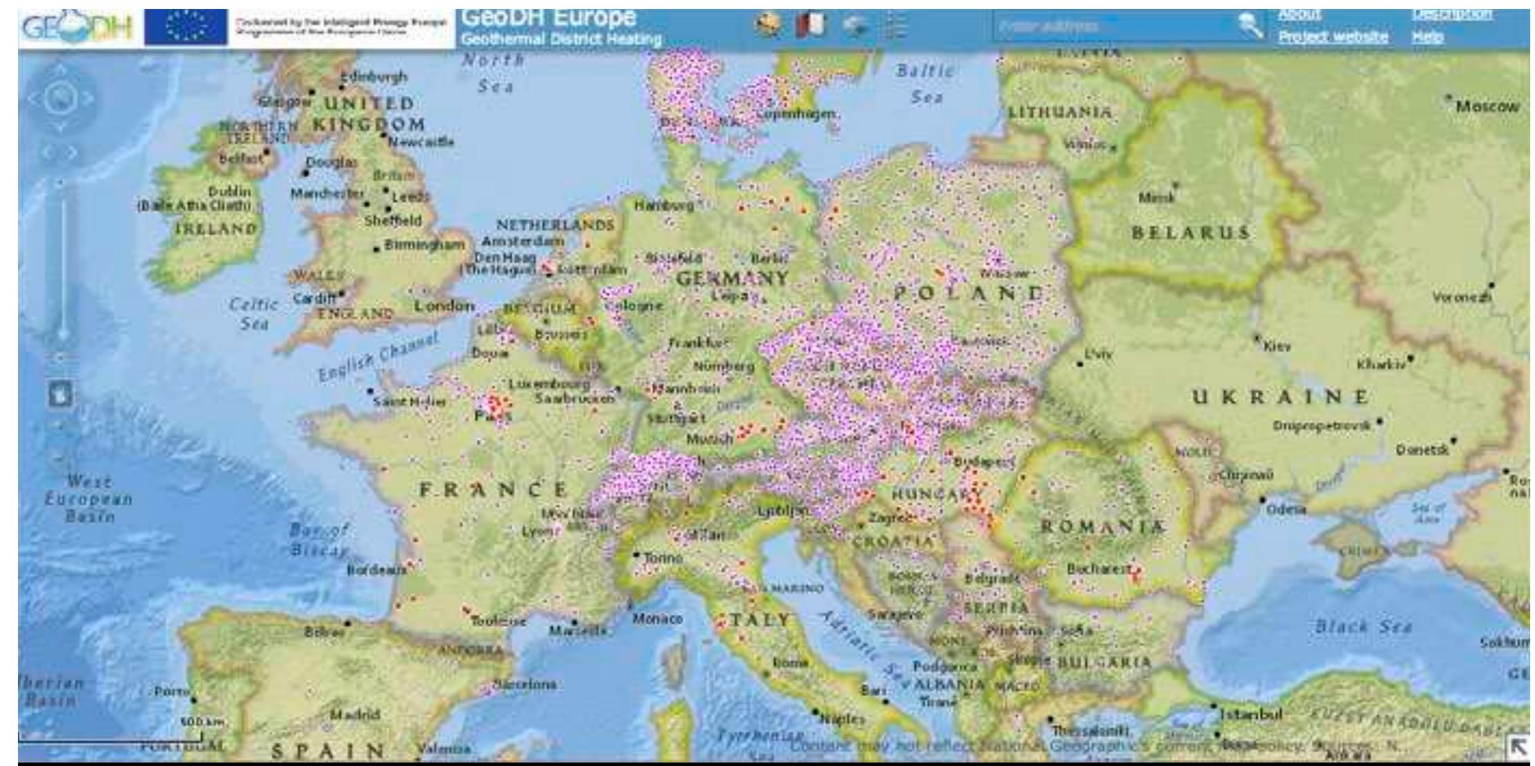 Map of the spread of district heating in europe: dots