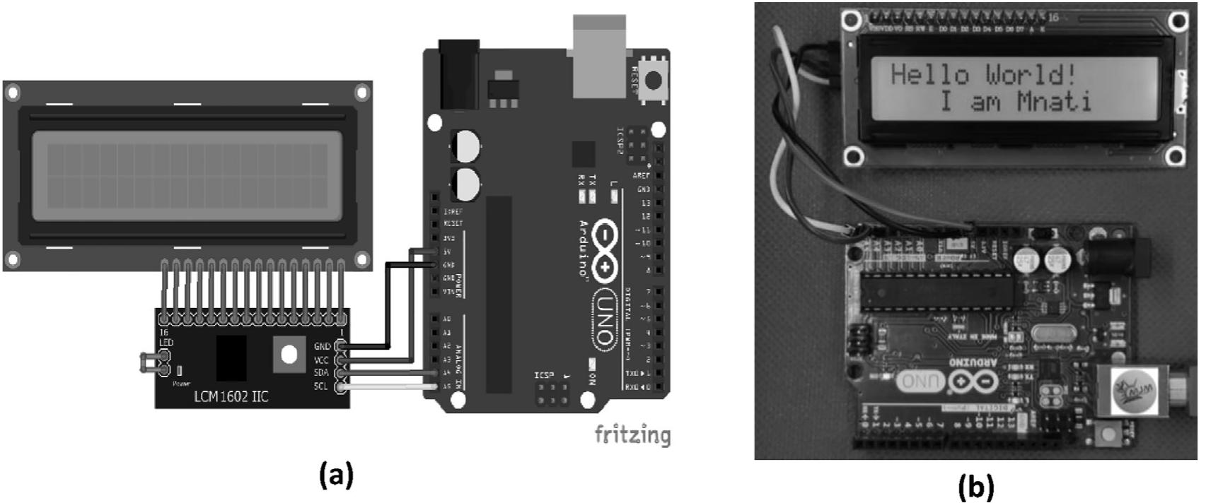 Arduino uno and lcd1602 interfacing circuit: a) a schematic