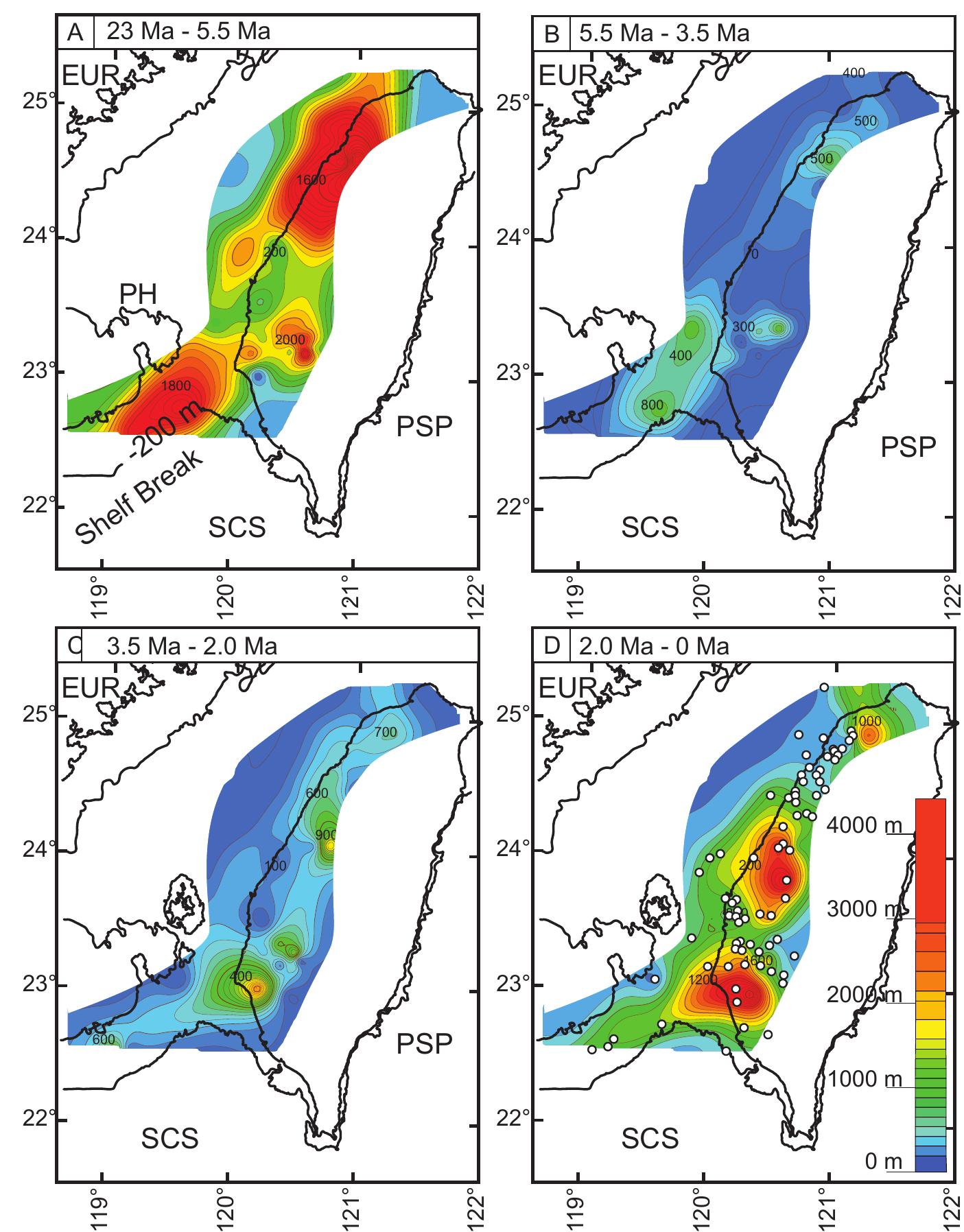 Maps of decompacted sediment thickness in between the five