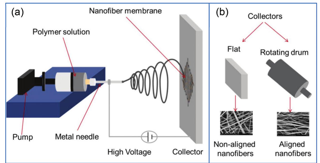 (a) schematic of the electrospinning setup. (b) different