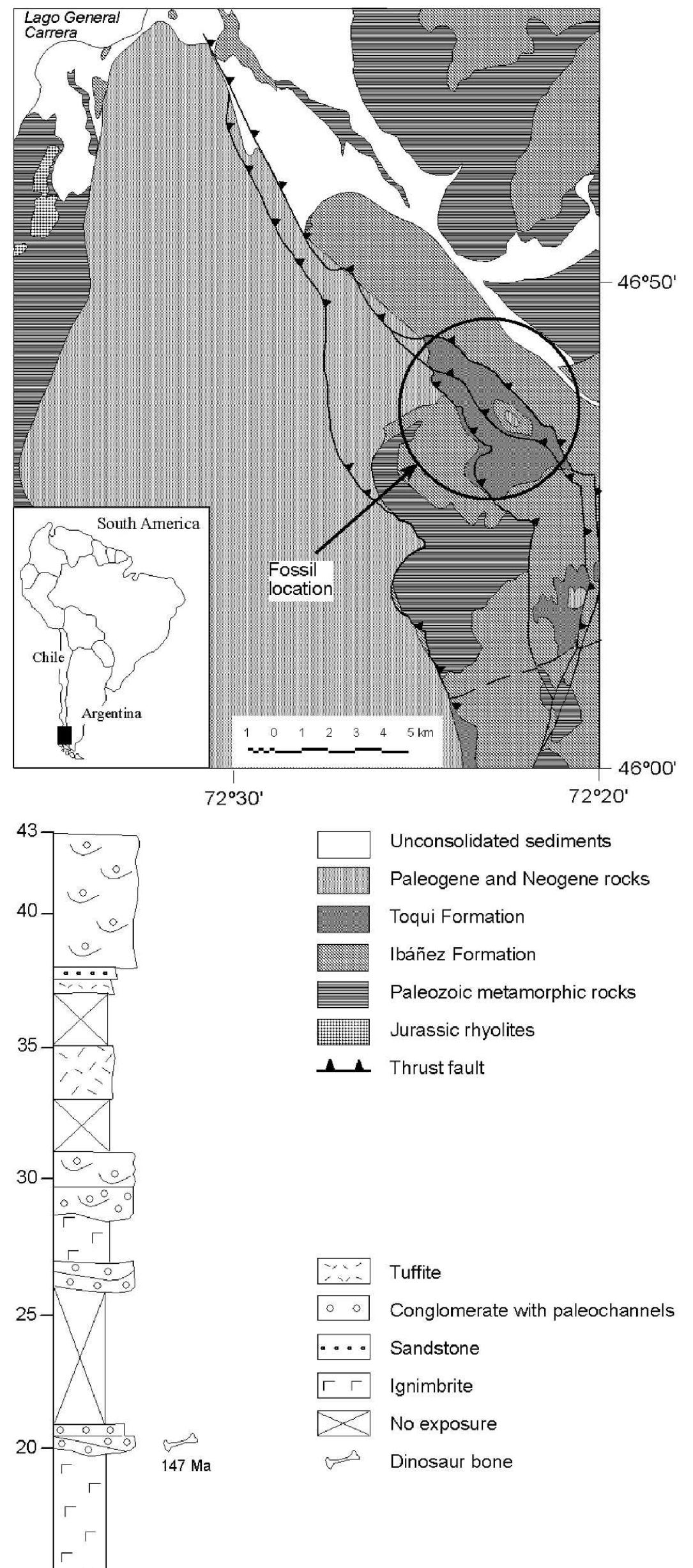 Map of the fossil location and stratigraphic column.