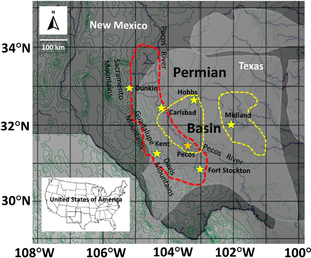 A map of the permian basin (labeled shaded grey region),