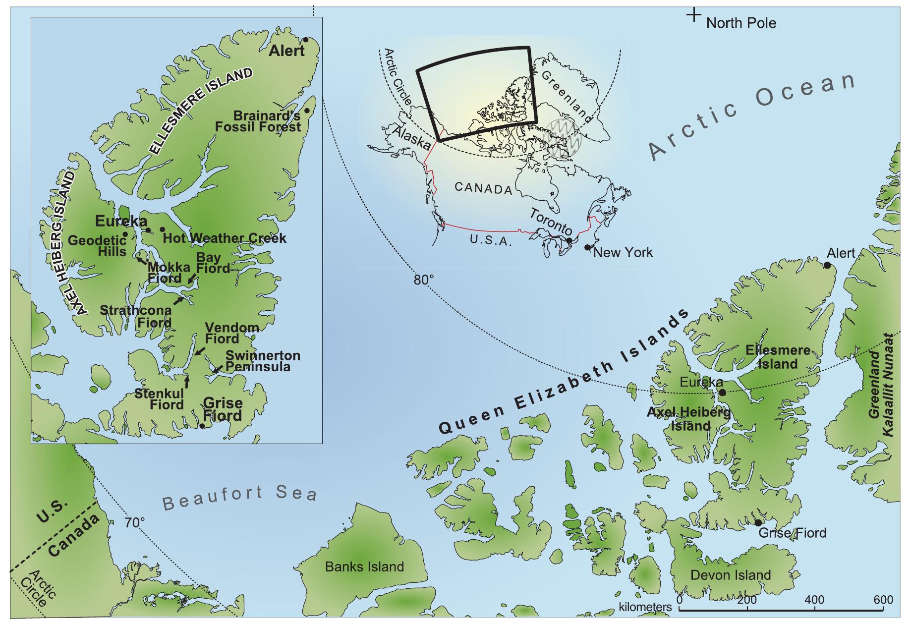 Map of northern canada north of the arctic circle showing