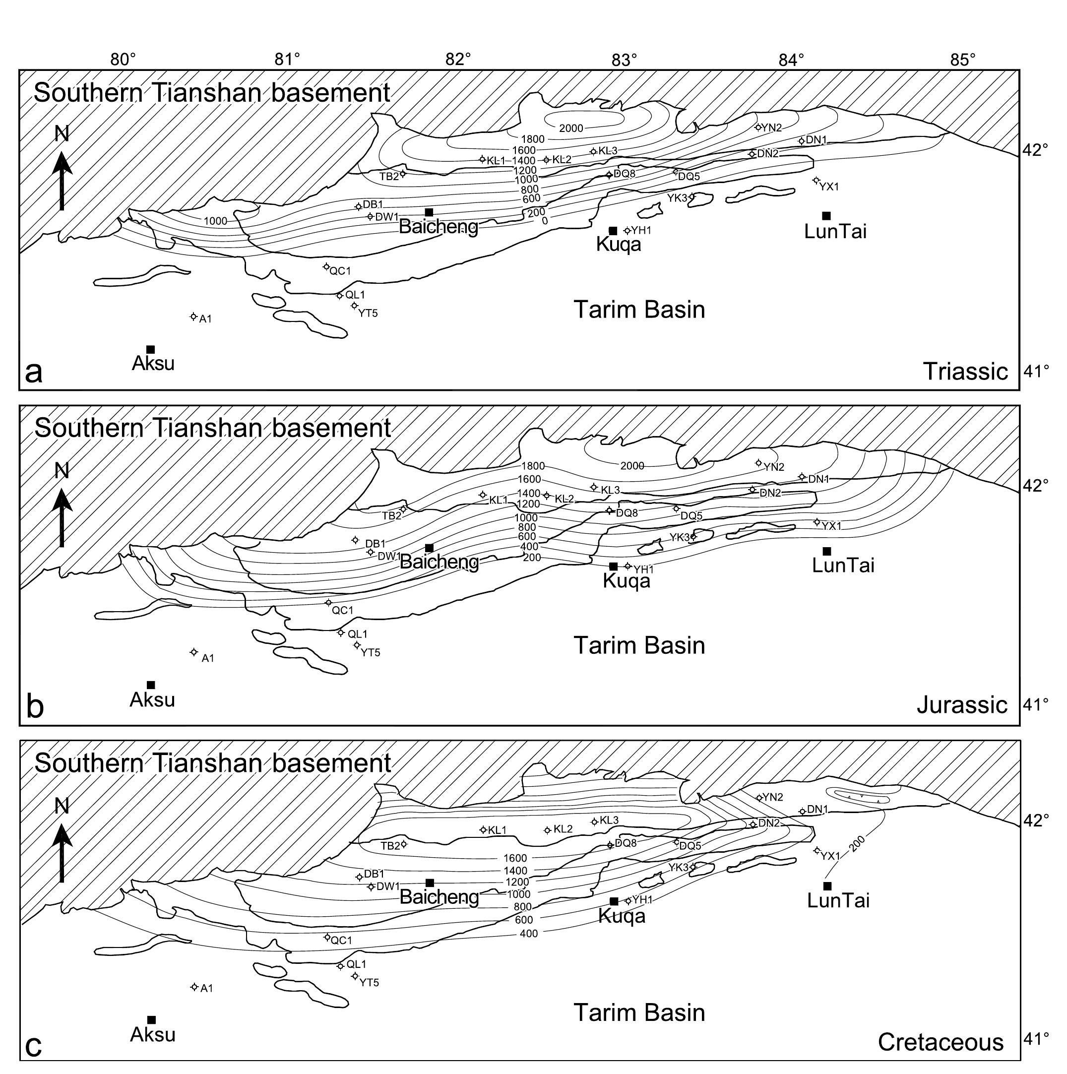 Isopach map of mesozoic basins in the kuga area. (a)