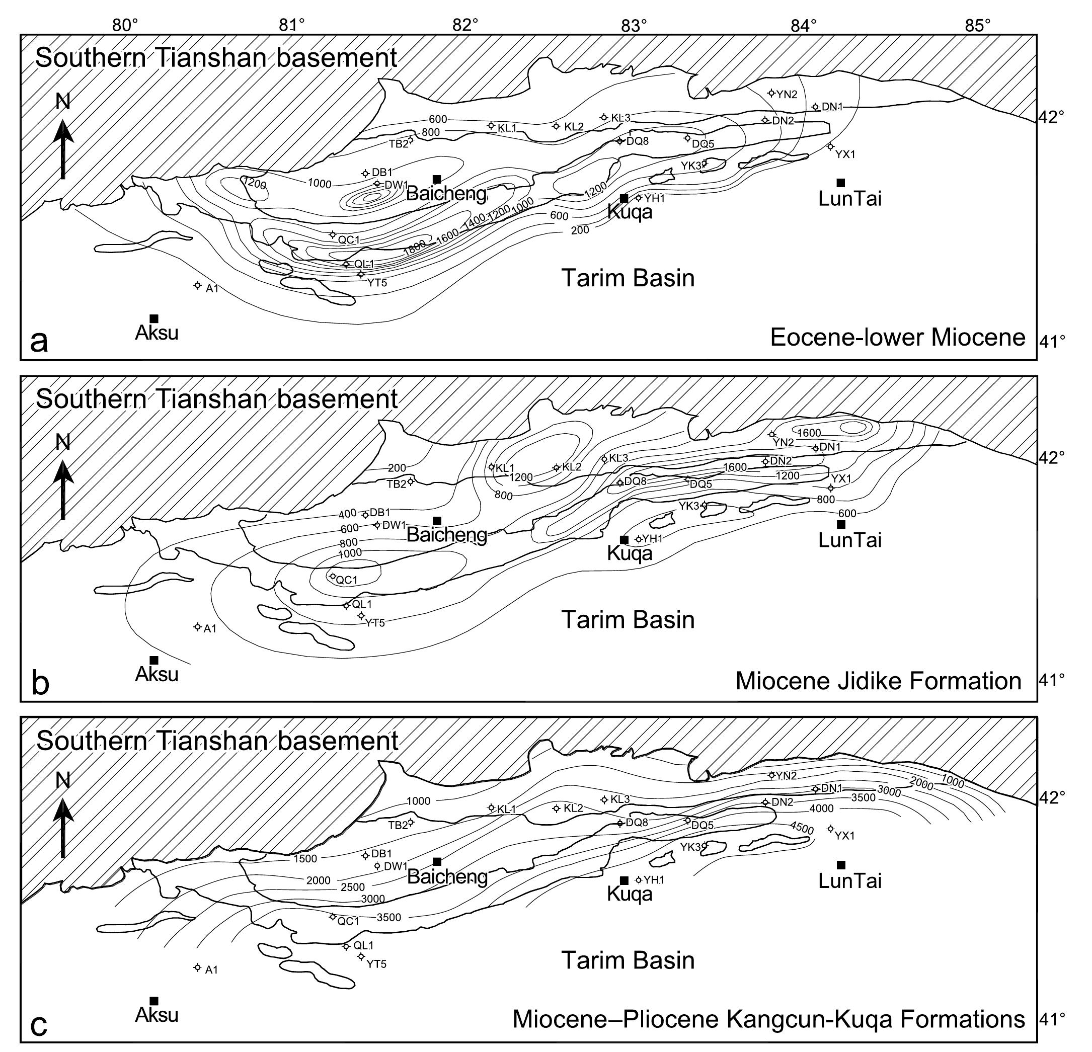 Isopach map of tertiary basins in the kuga area. (a)