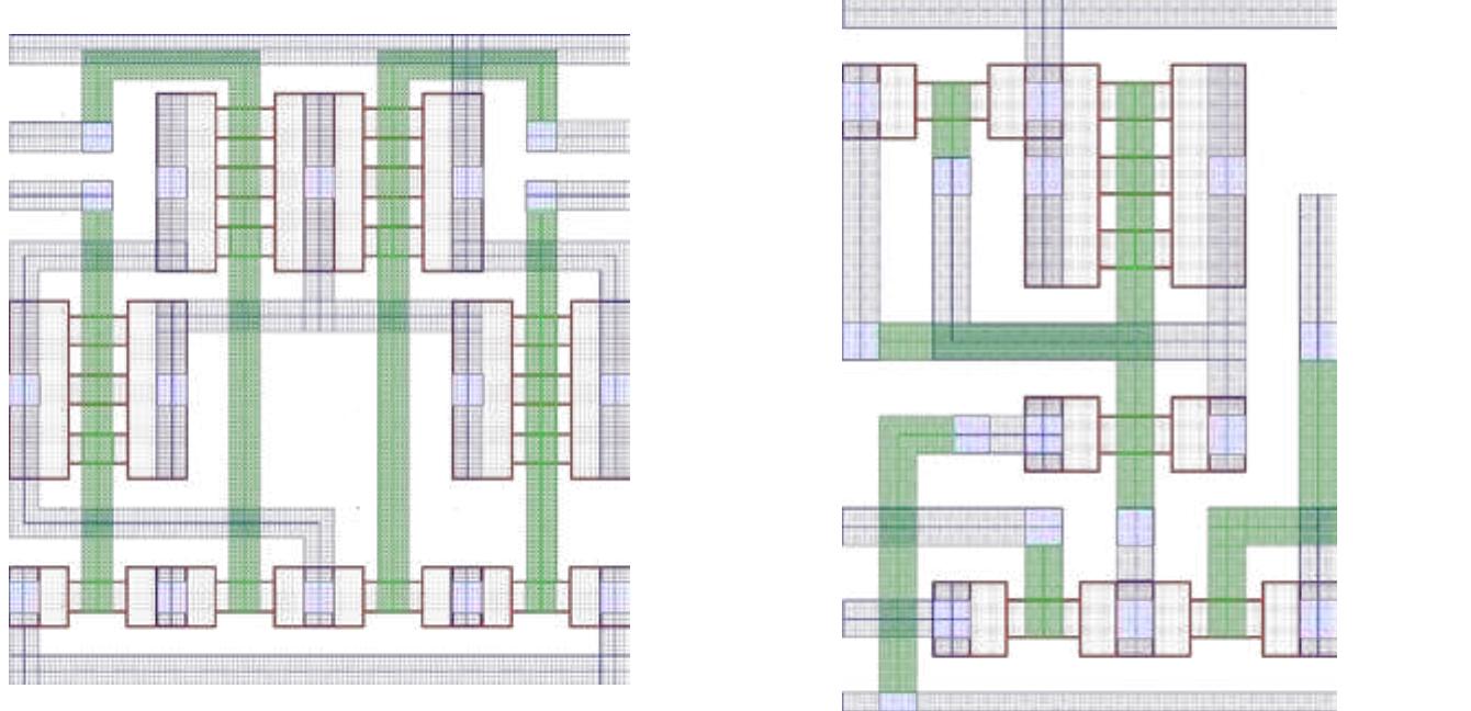 Layouts of a 2-1 mux in cmos logic, pass transistor logic,