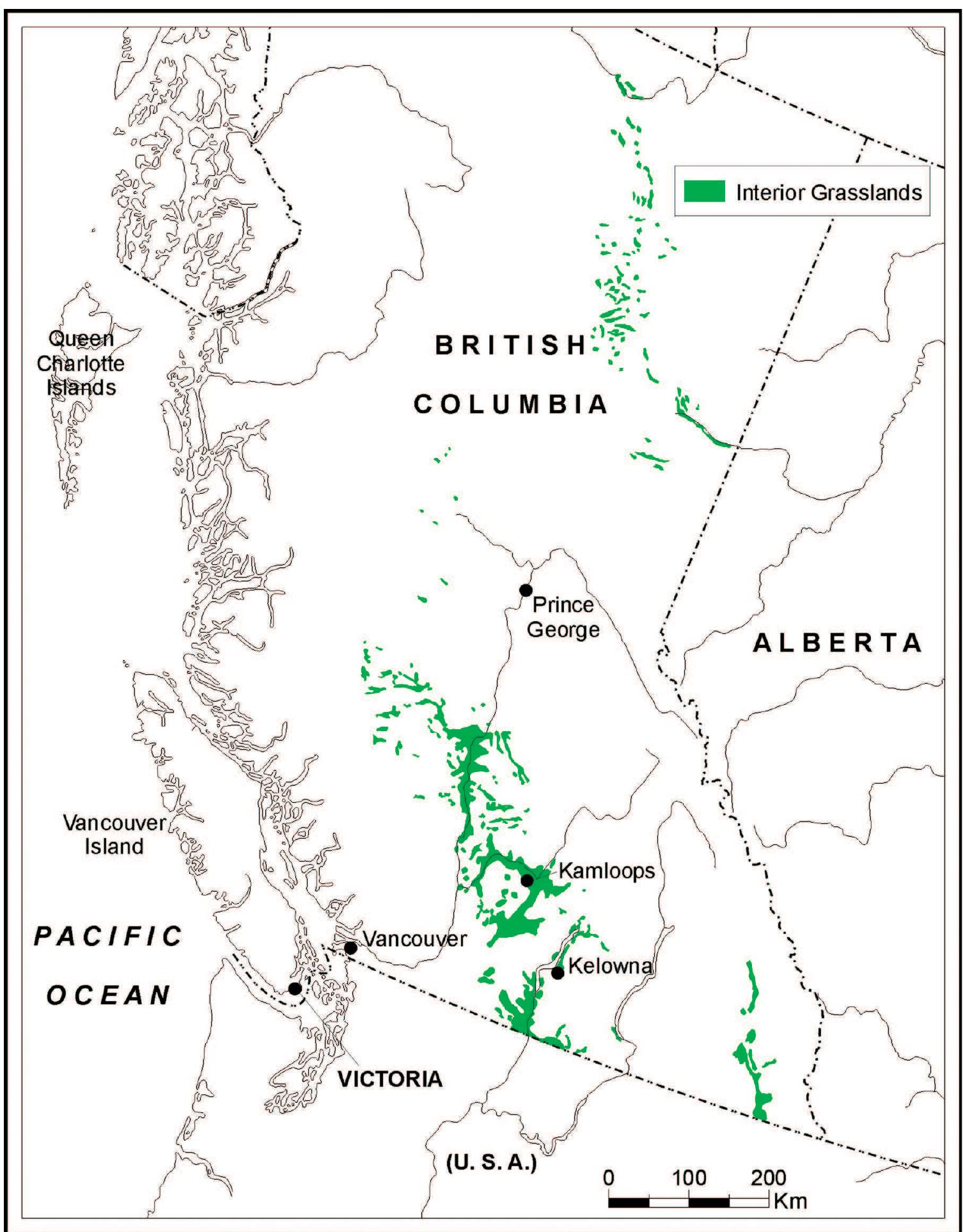Map showing locations of grasslands of british columbia.