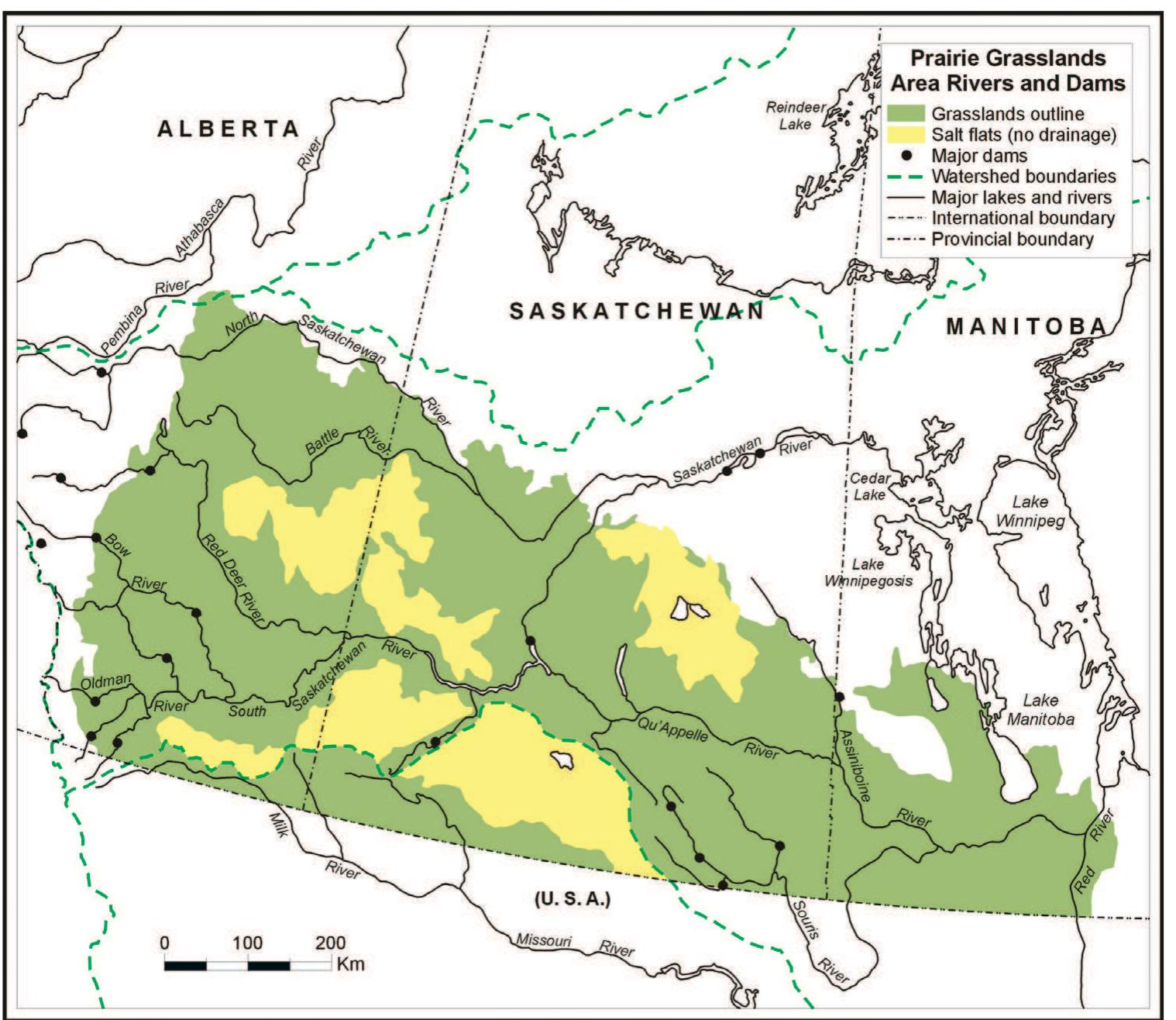 Map of the prairies ecozone showing the location of major