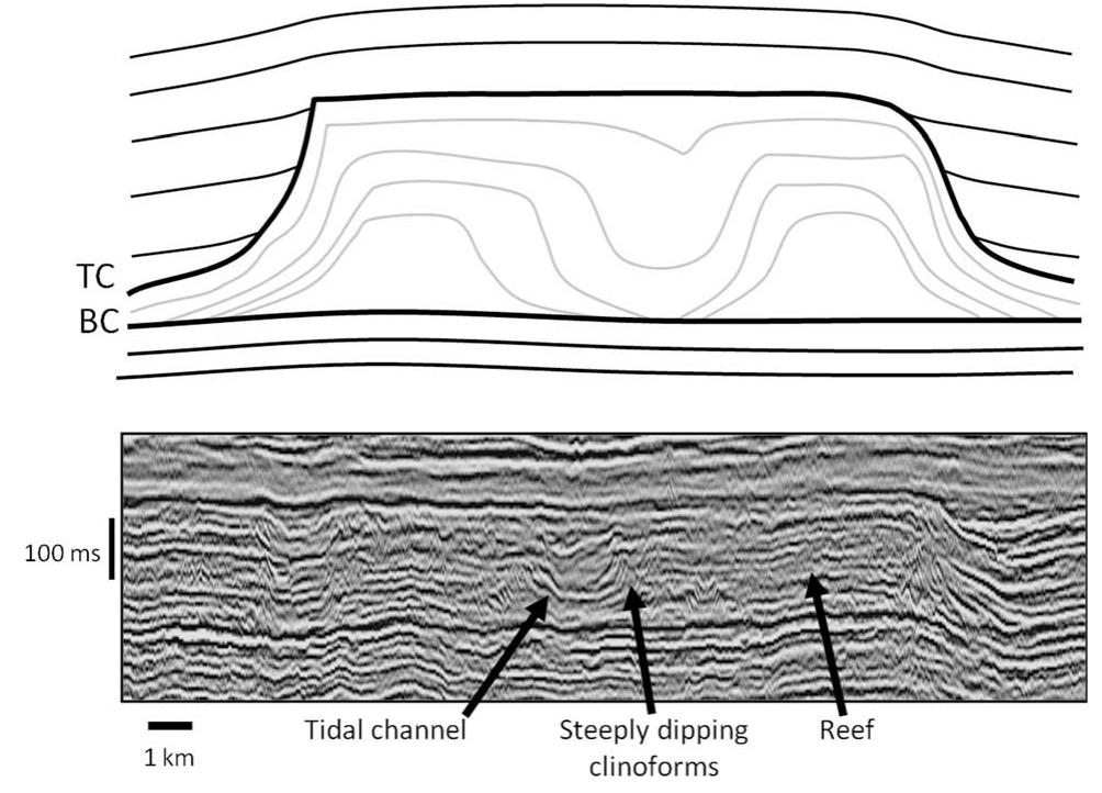 A schematic cross section and an example seismic image (from