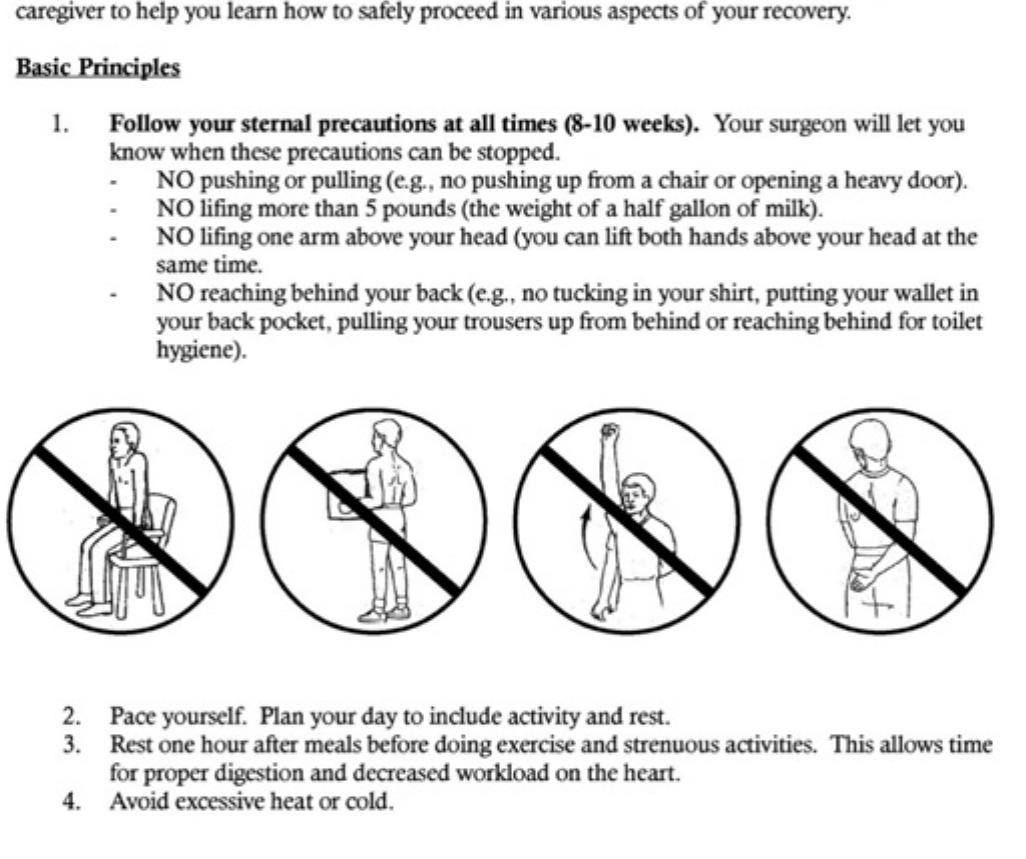 Example of a sternal precautions sheet present- ed to