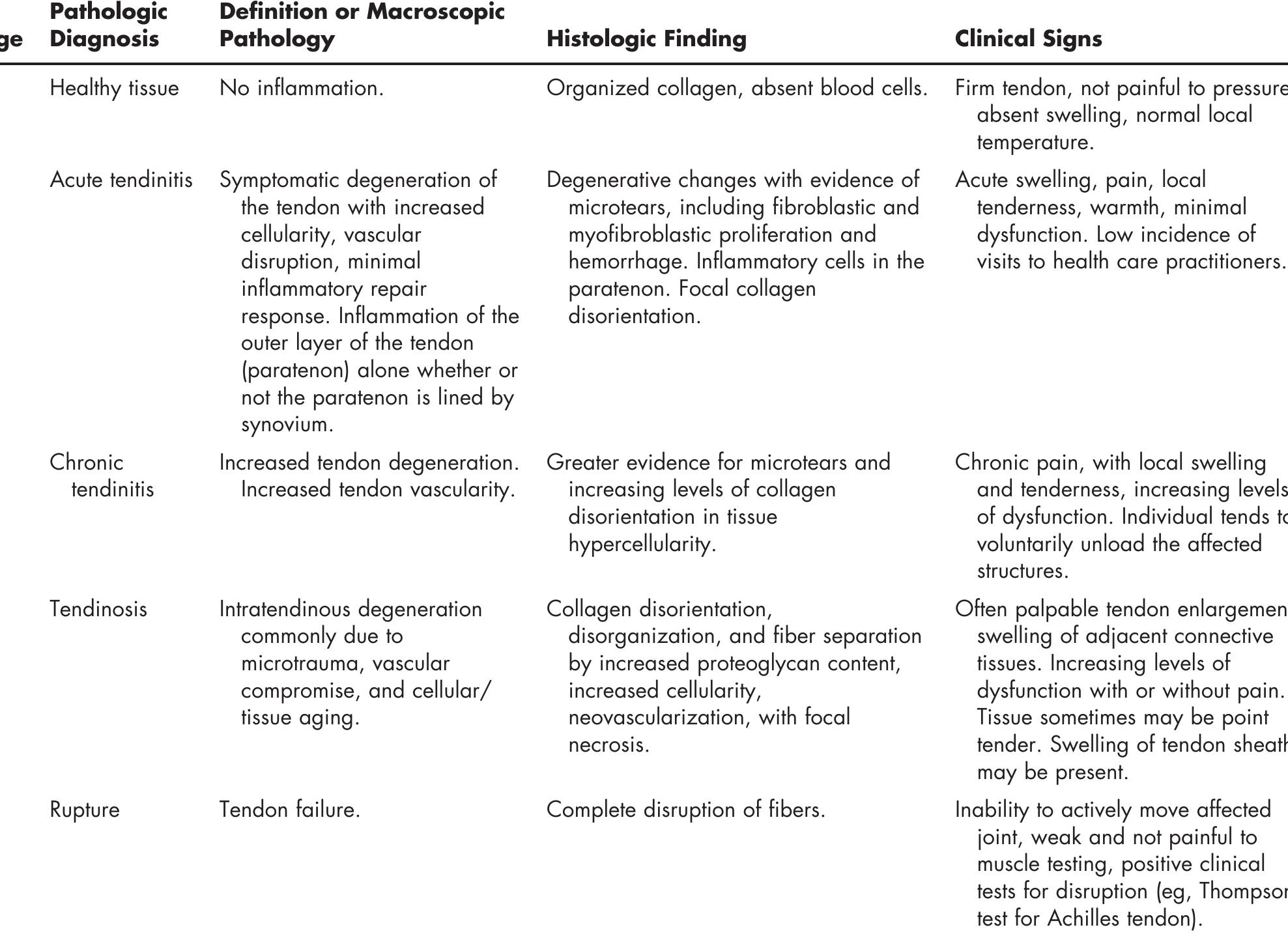Nirschl’s>' pathologic stages of tendinopathy and proposed