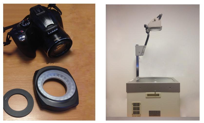 (a) camera and macro flash (b) overhead projector as light