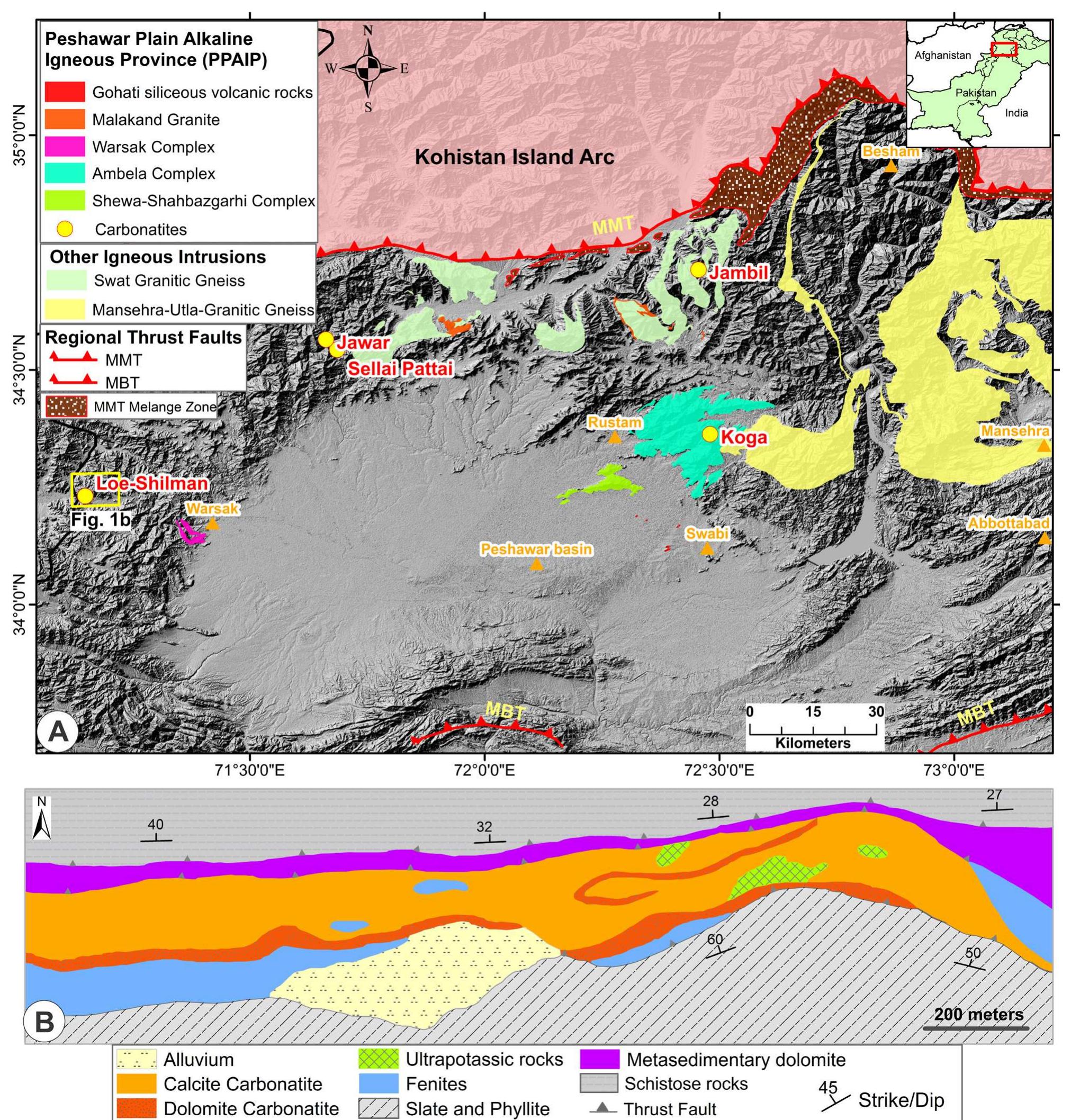 A) map showing distribution of alkaline rocks and
