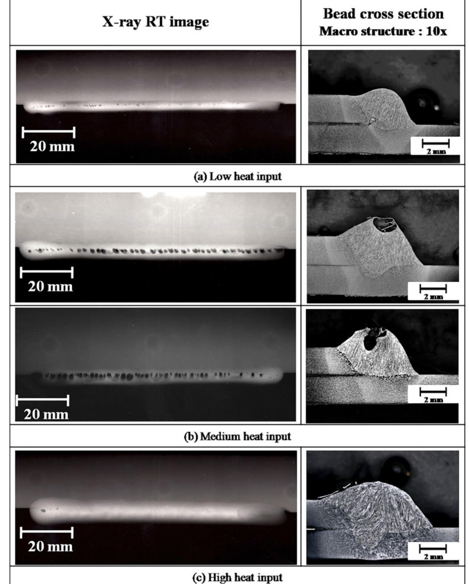 2 x-ray rt and bead cross-section images of welds at