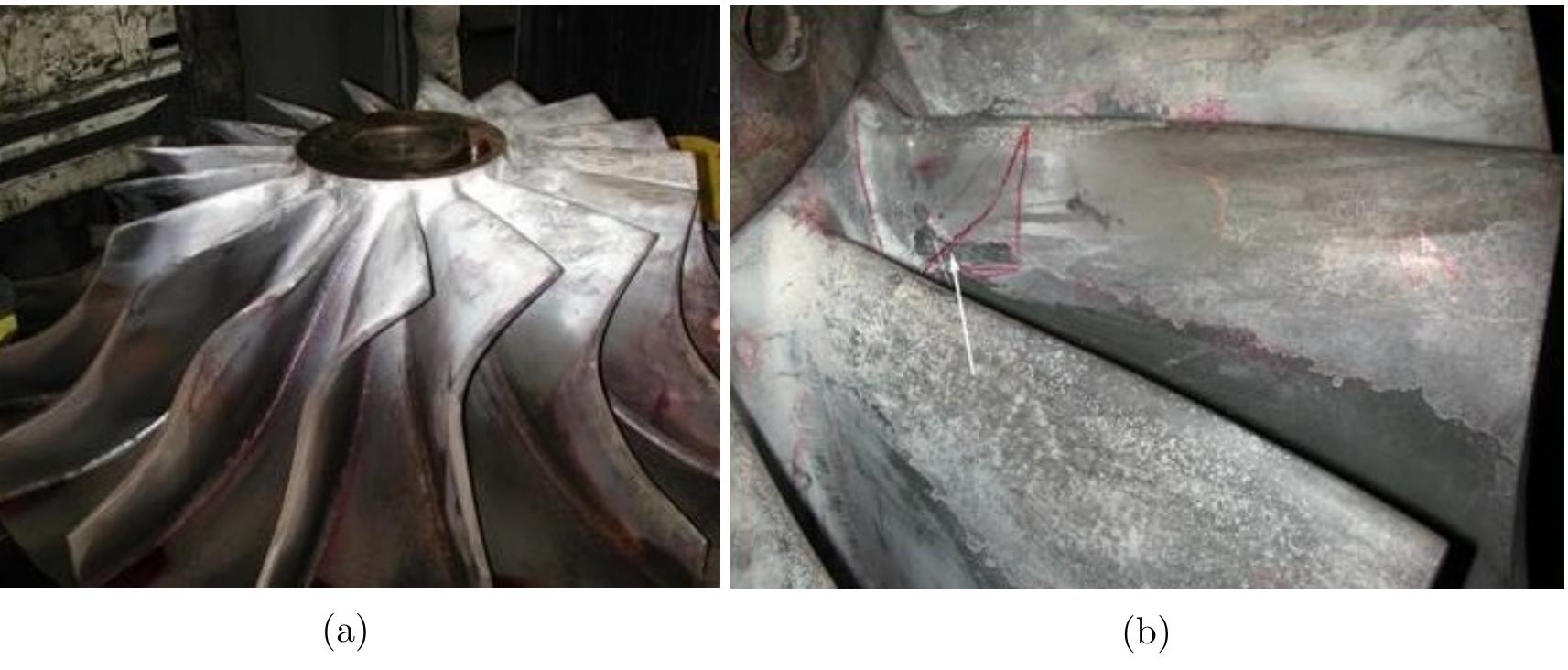 2: photograph of a cracked centrifugal impeller (a) and a