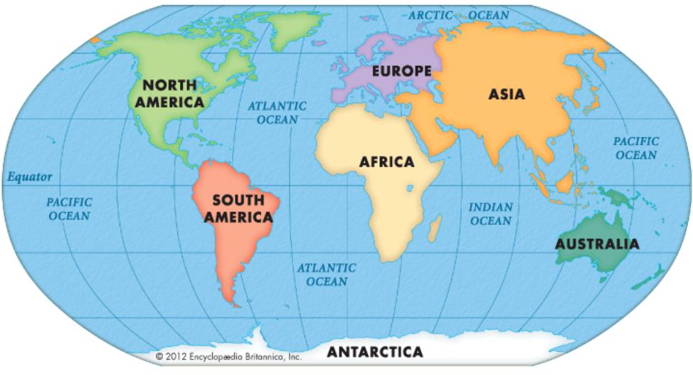 1. map showing different continents in world
