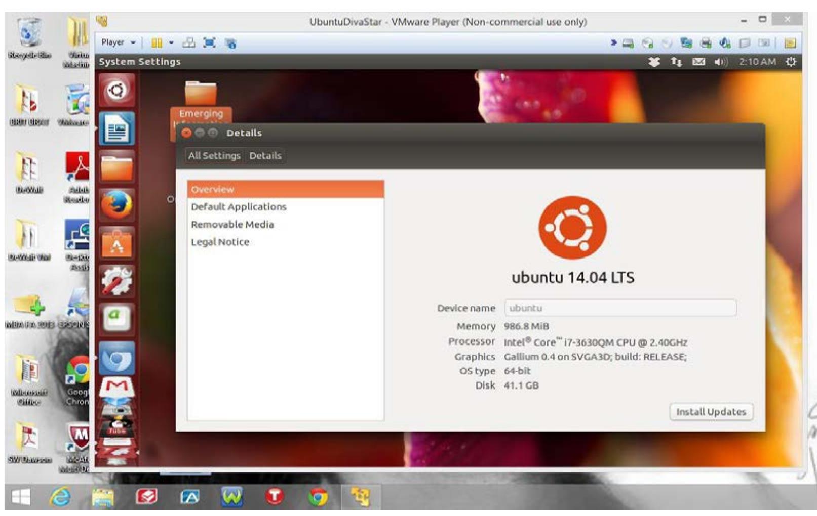 Screenshot of ubuntu 14.04 vmware vm running on windows 8.1