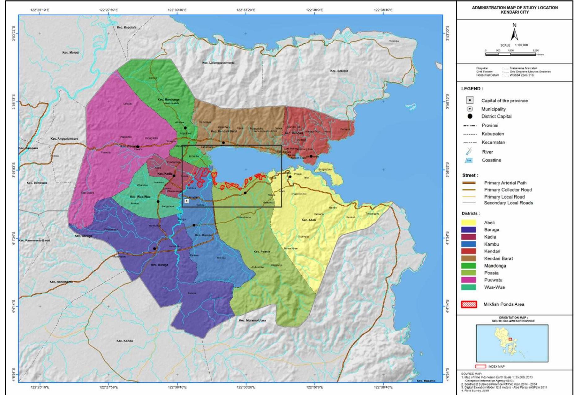 Map of milkfish cultivation area in kendari bay coastal