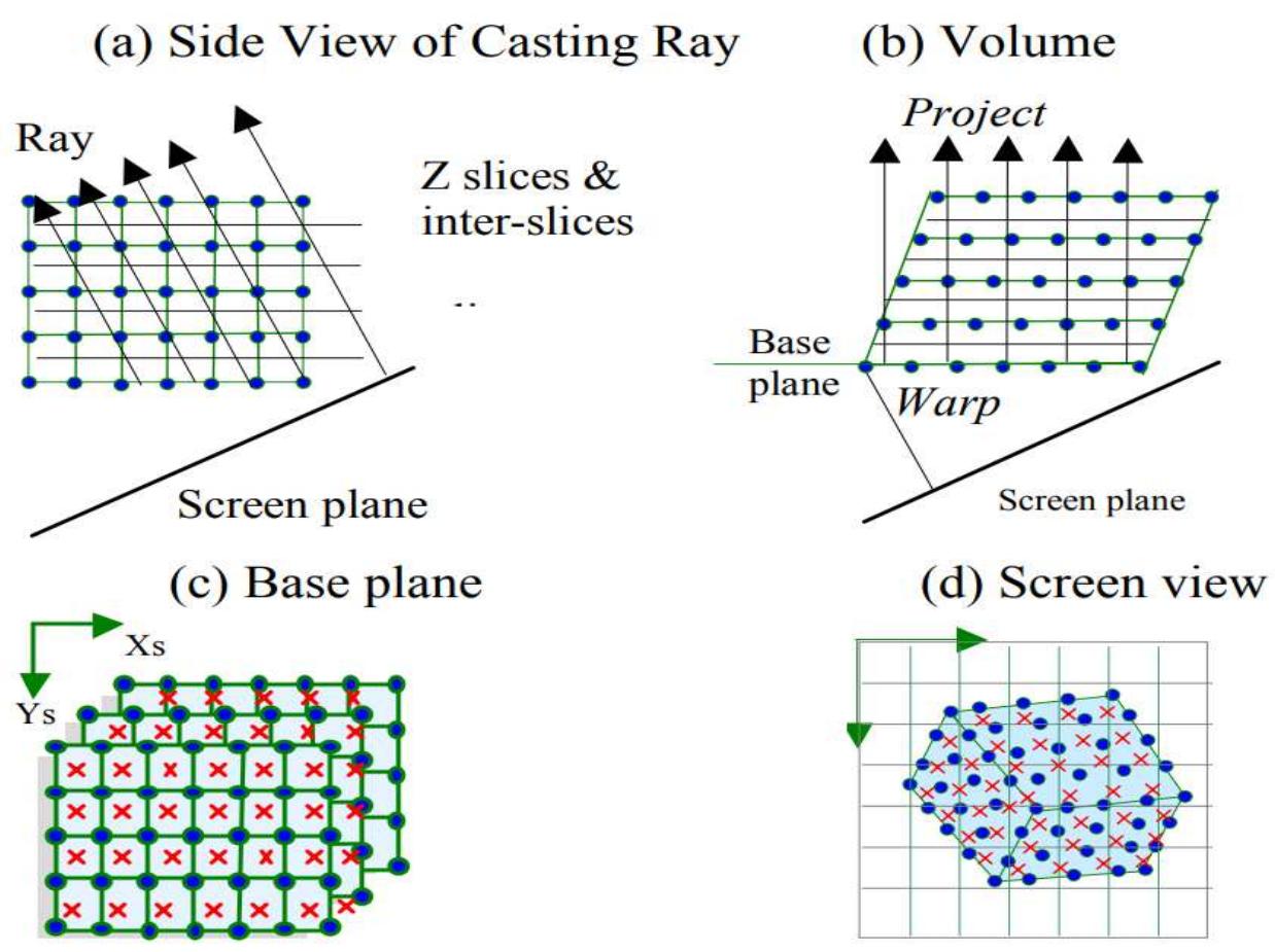 Shear-warp illustration, (a) side view of casting ray, (b)