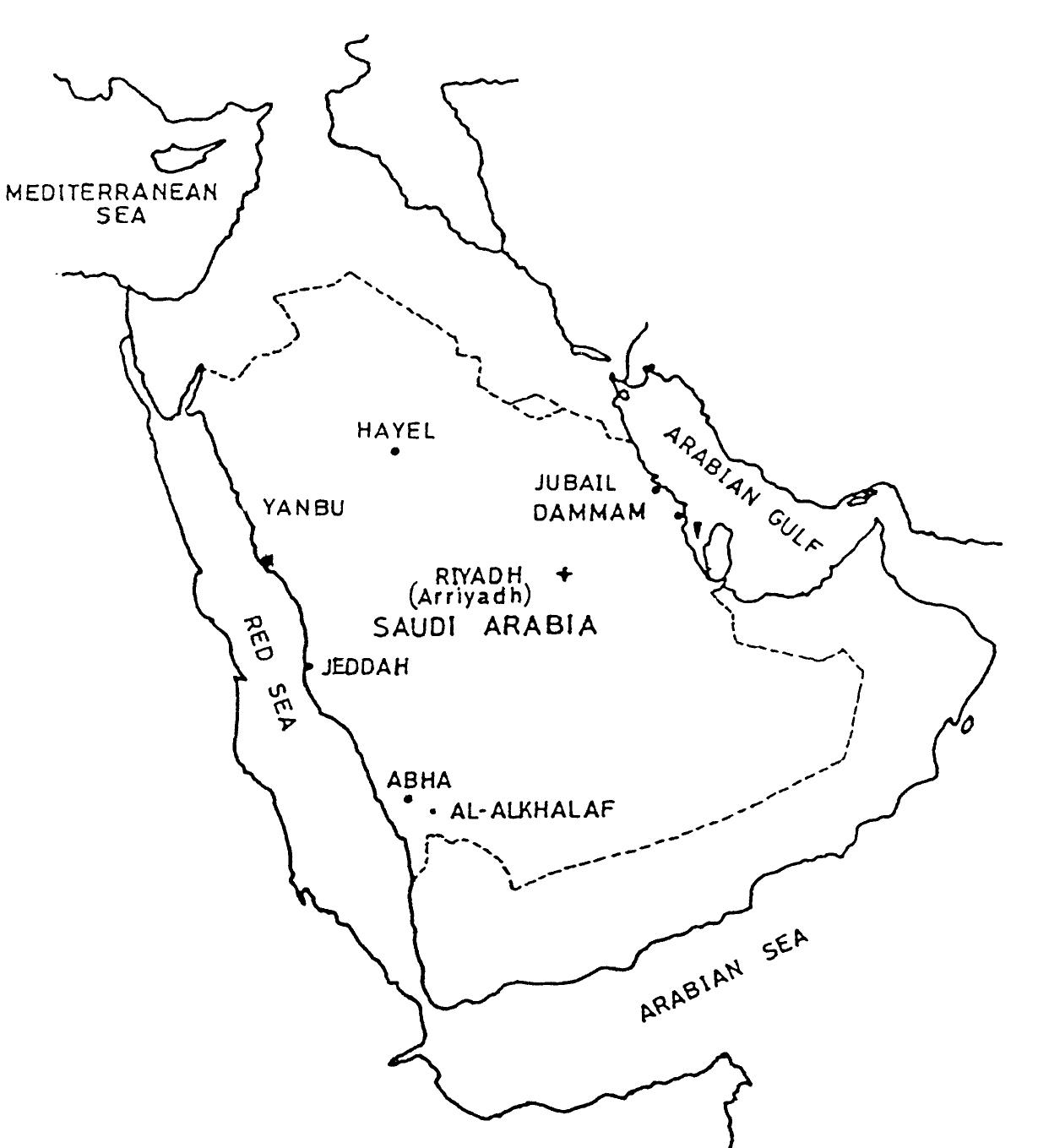 Map of saudi arabia showing the twin cities, jubail and