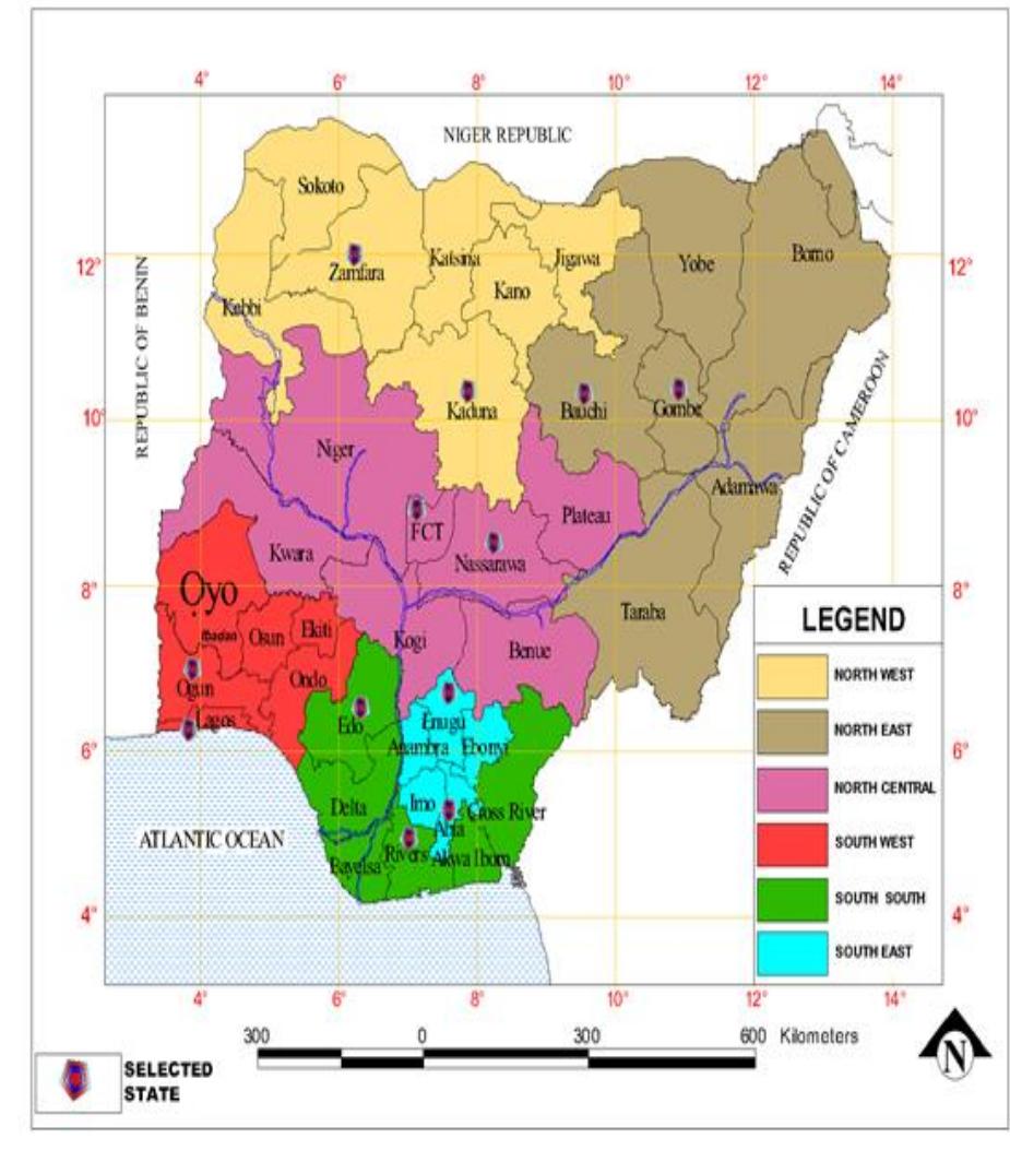 Map of nigeria showing the six (6) geo-politica zones and