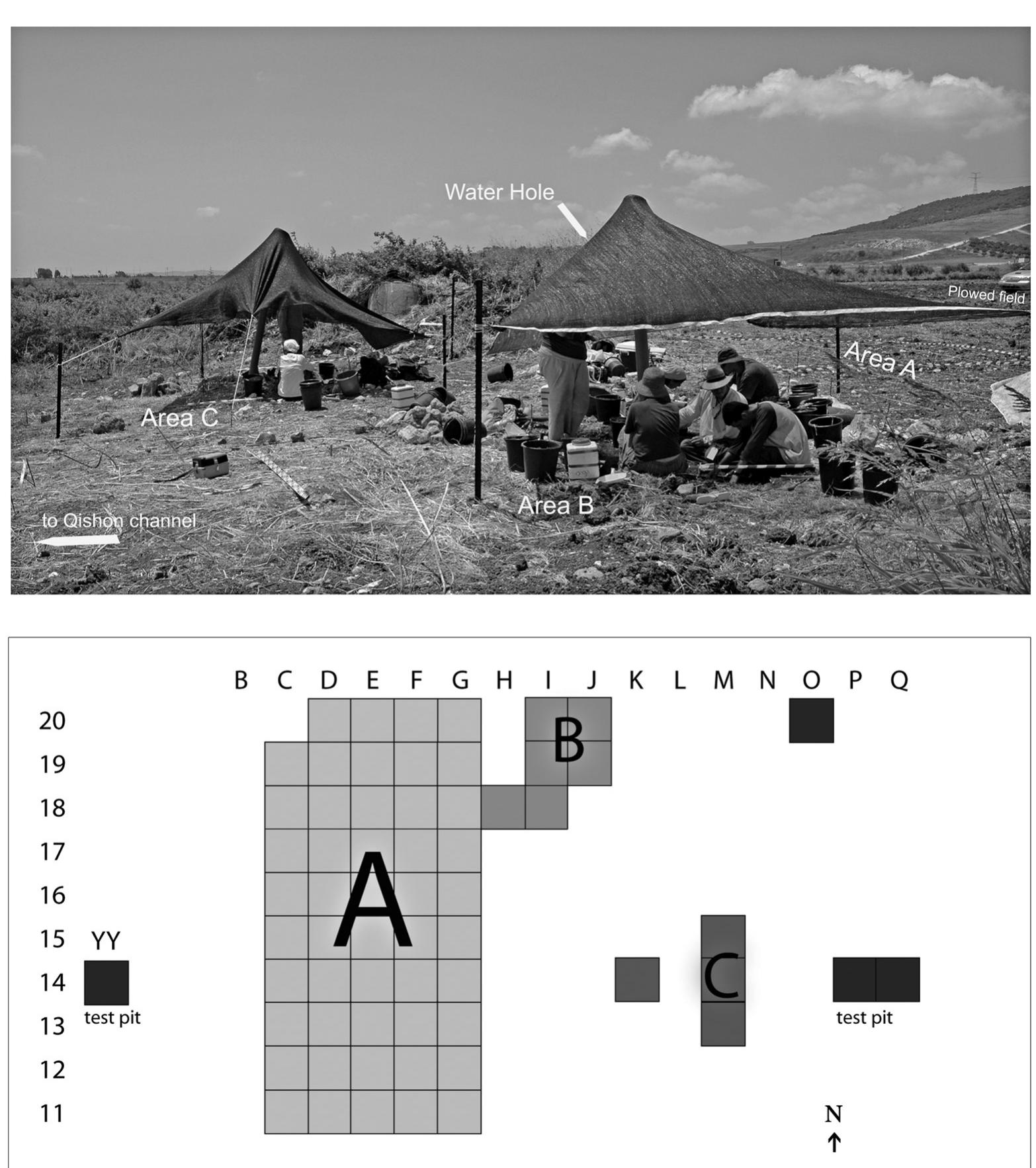 Map of excavation areas by grid and photograph of work
