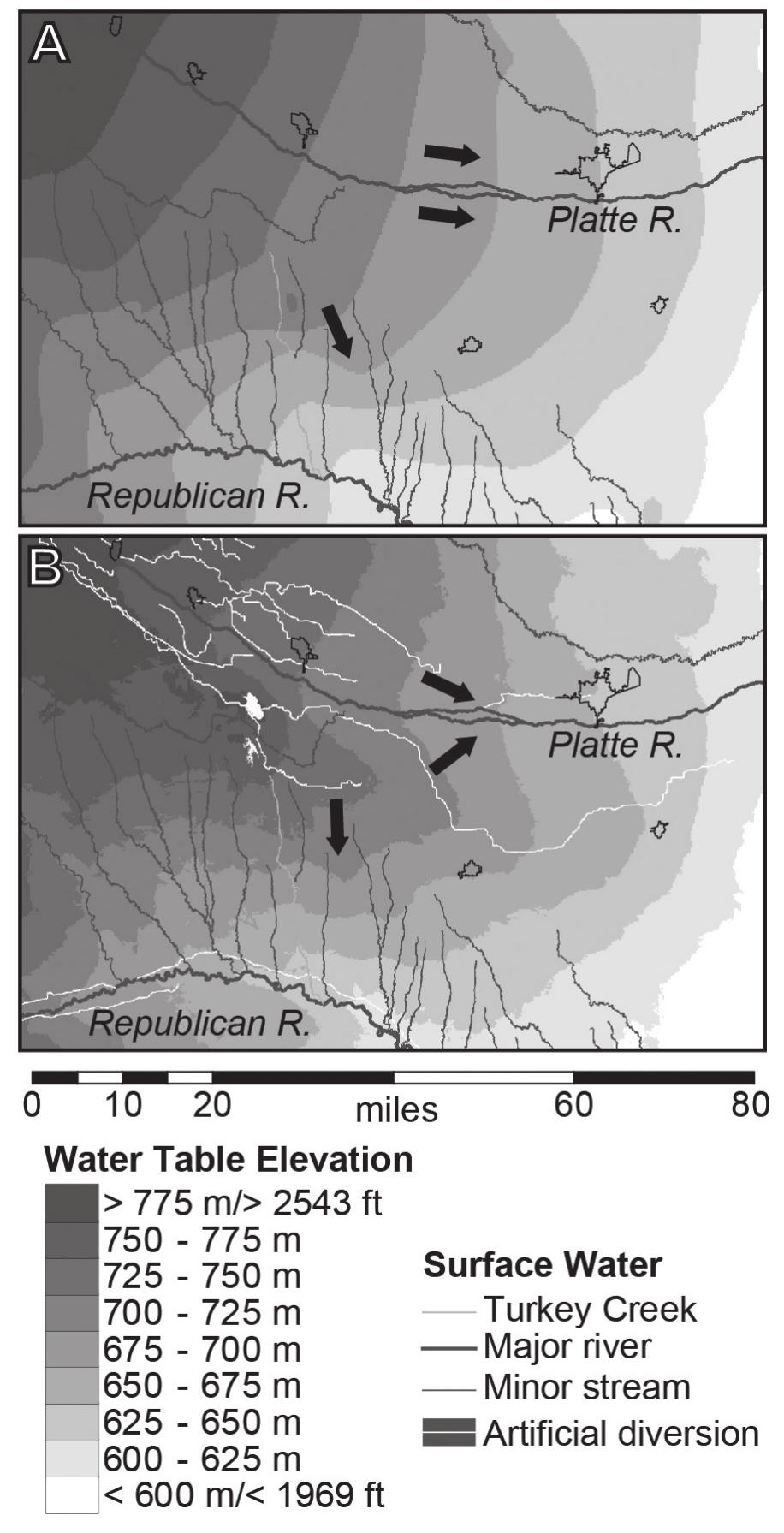 Map of water table elevation in the portions of the platte
