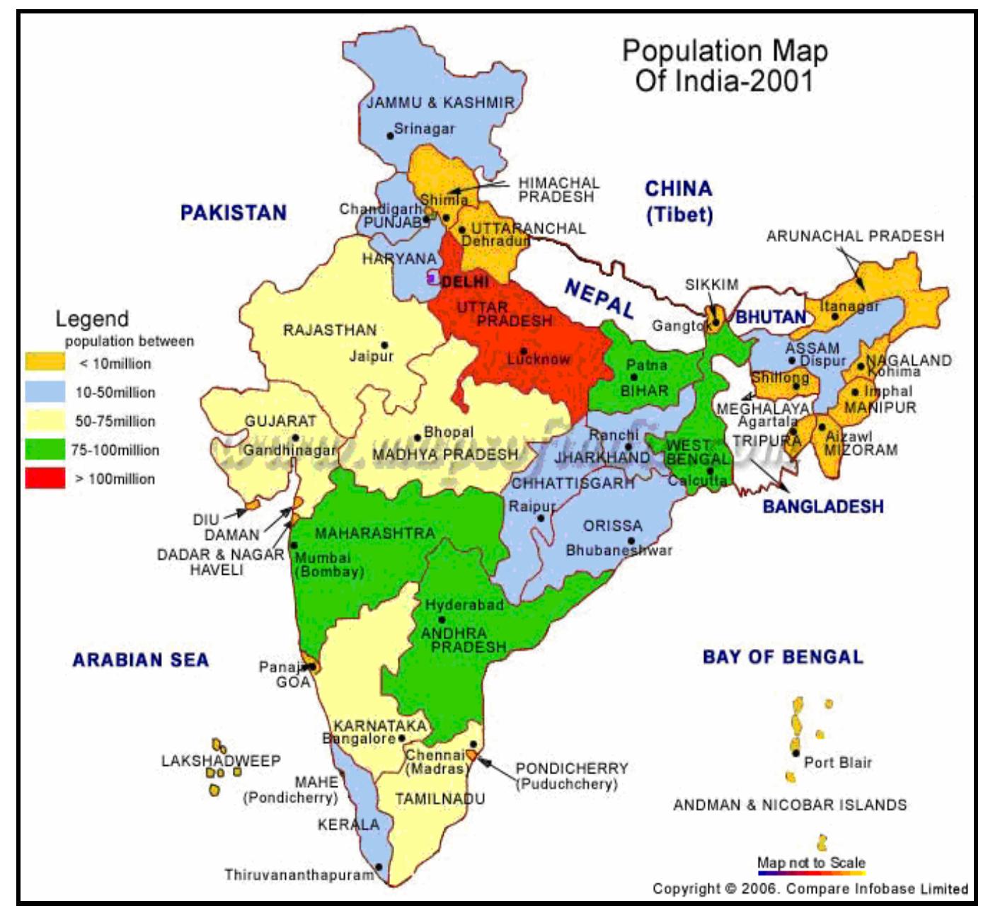 Map of india showing the population of india -2001 maps of