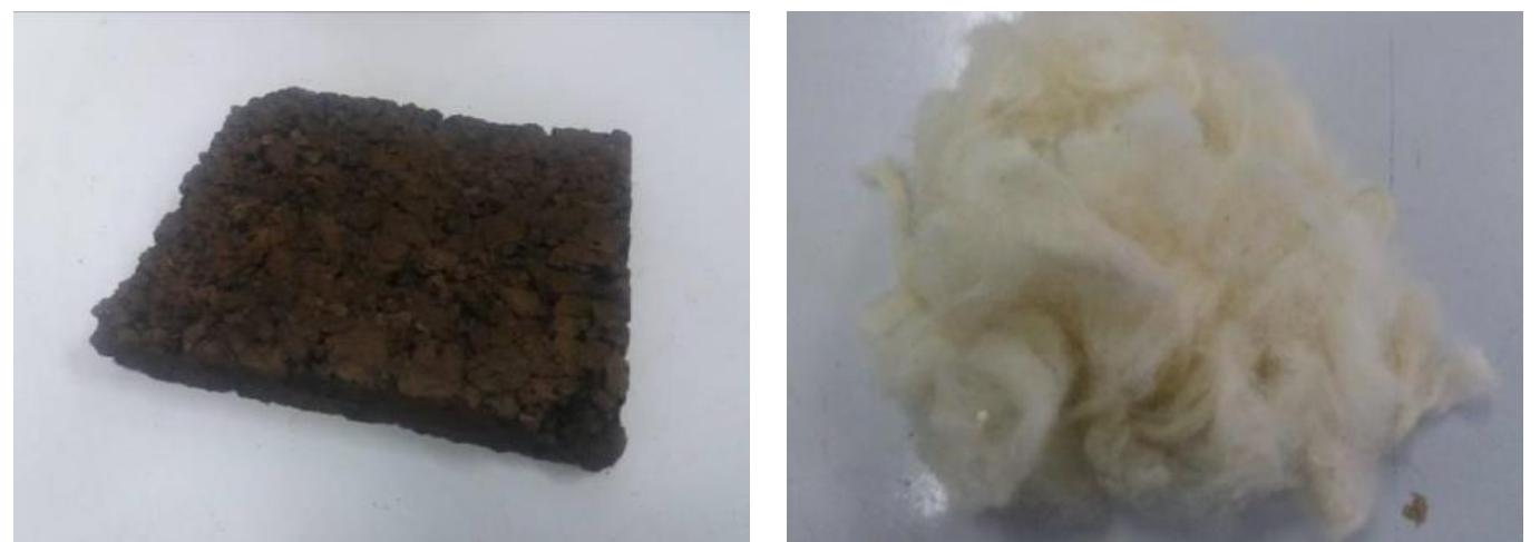 Cork sample for thermal test (left), sheep-wool fibers