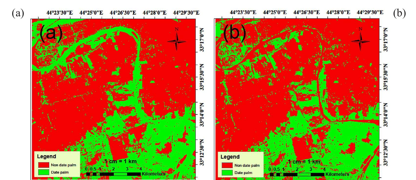 Suitability maps of date palm based on dps (a) and dp. (b)