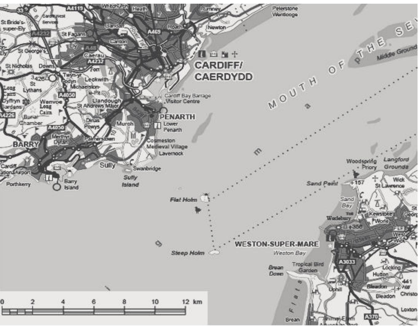 A 1:200,000 map of the inner bristol channel, showing flat