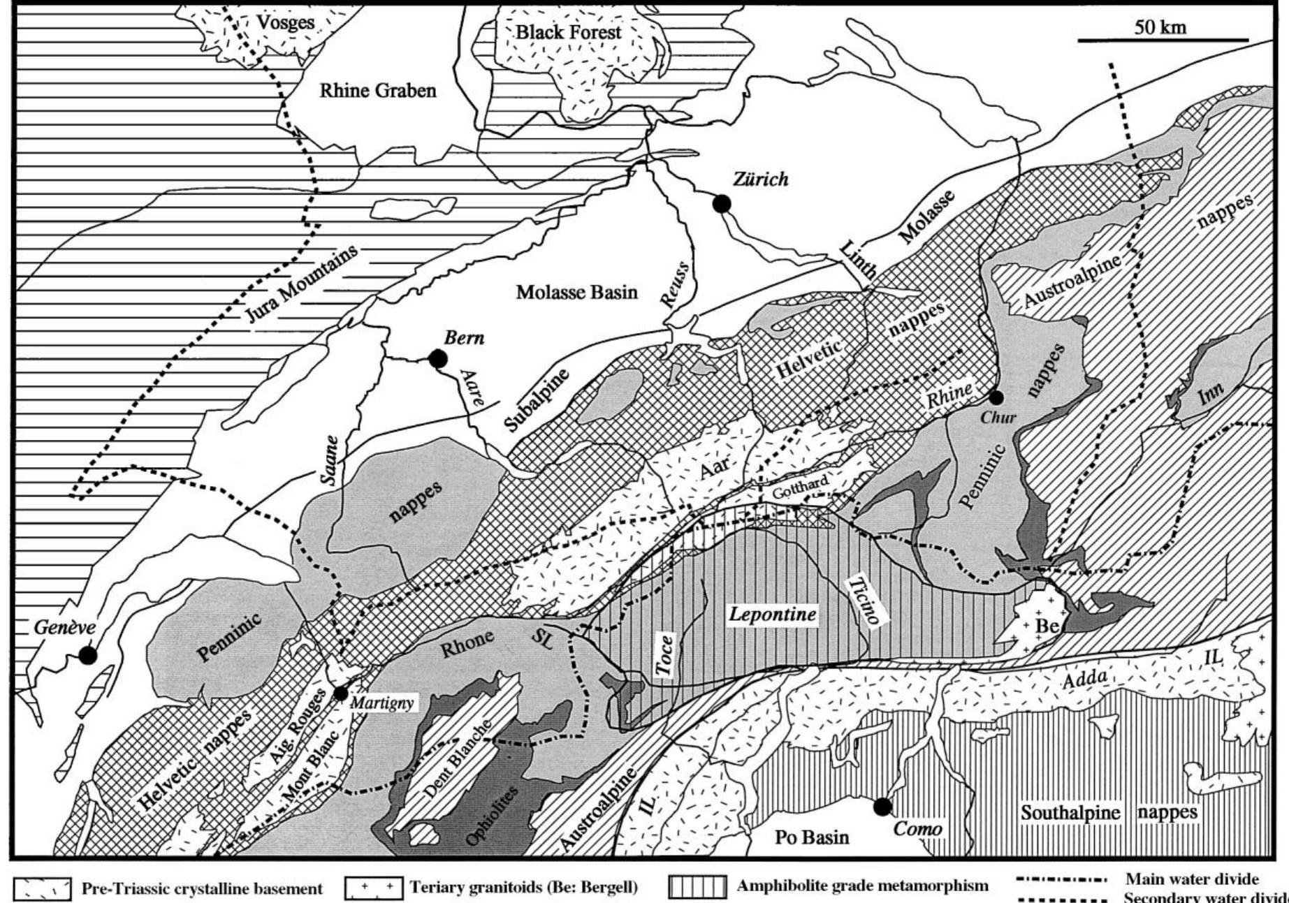 Tectonic map of the swiss alps and adjacent areas, showing