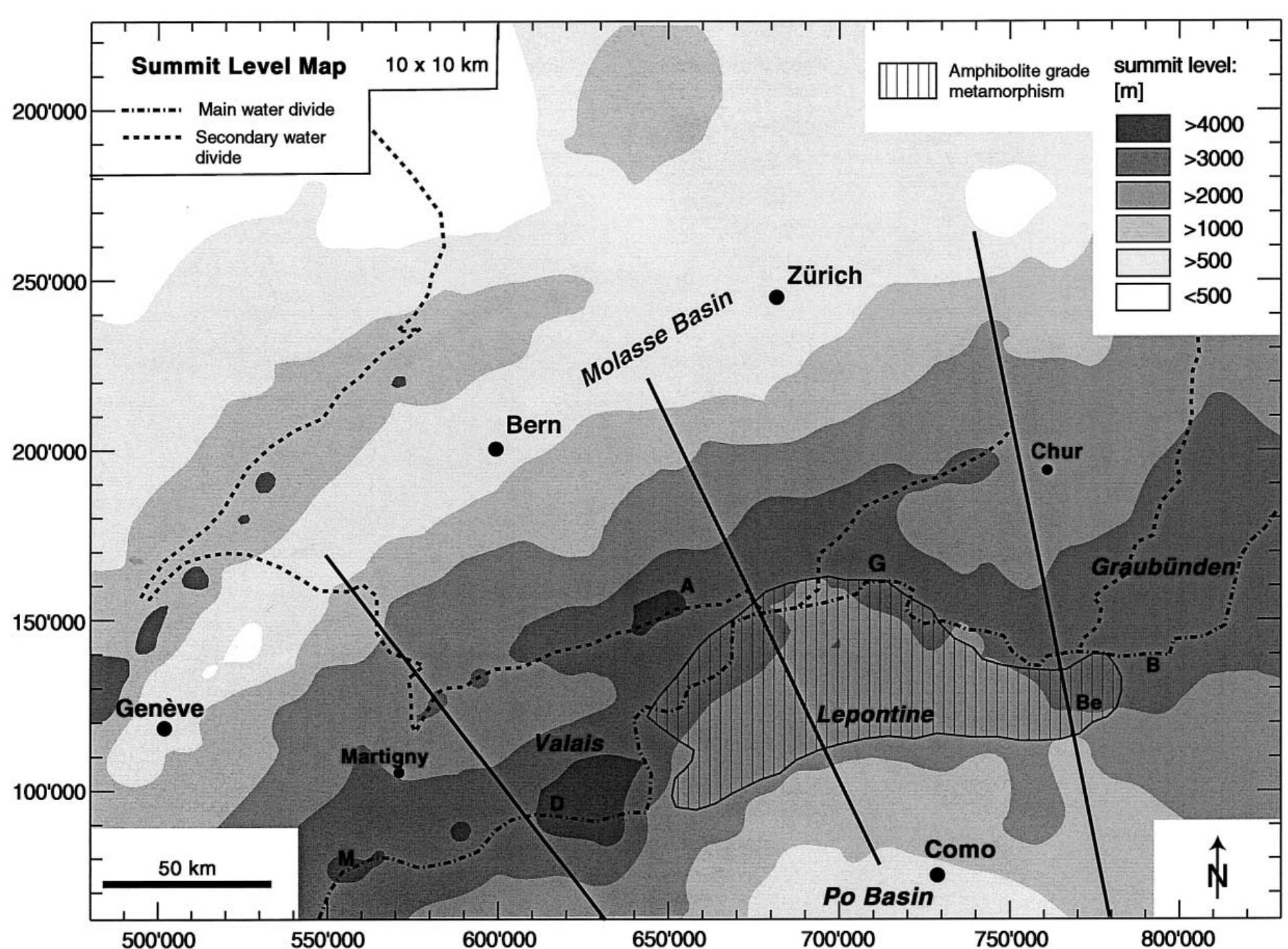 Elevation-shaded summit level map of the swiss alps and