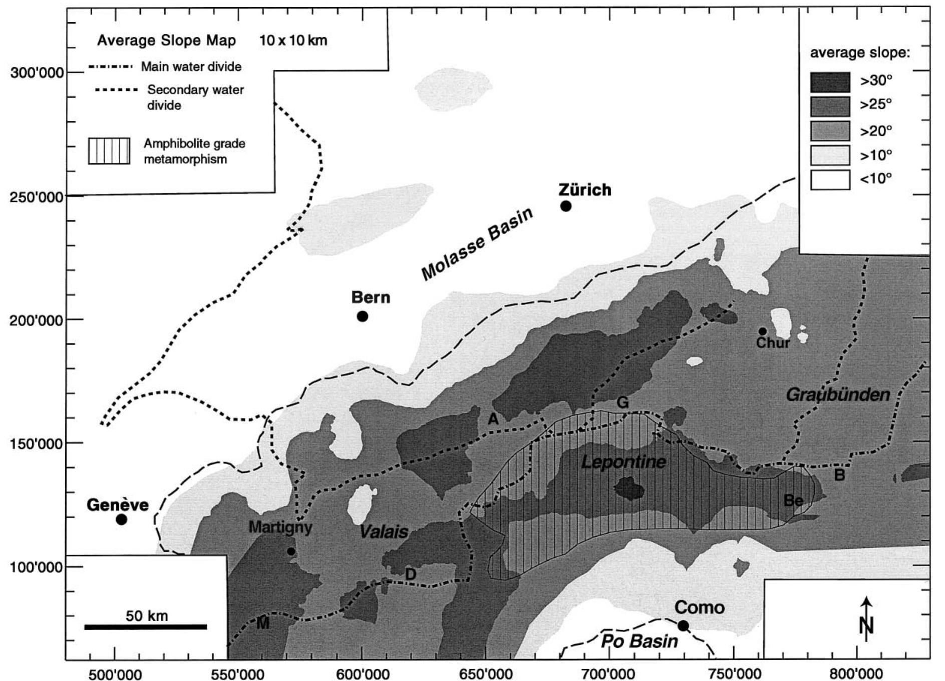 Average slope map of the the swiss alps and adjacent areas.