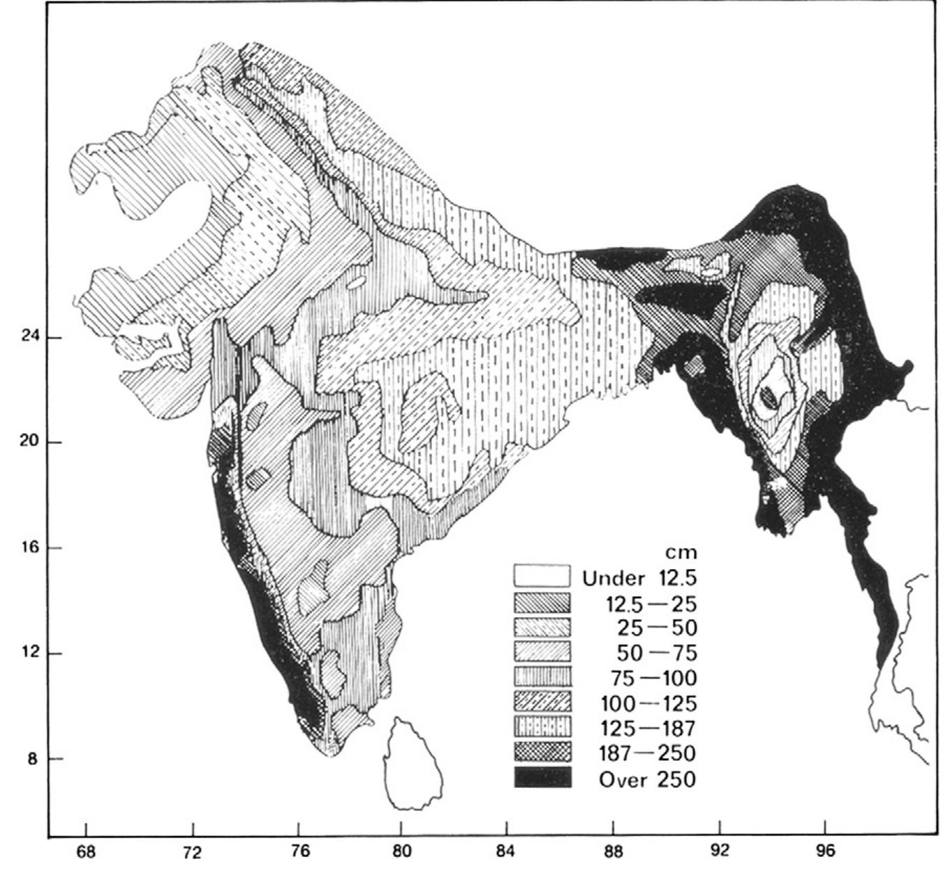 Mean annual rainfall map of india (after ramdas, 1974).