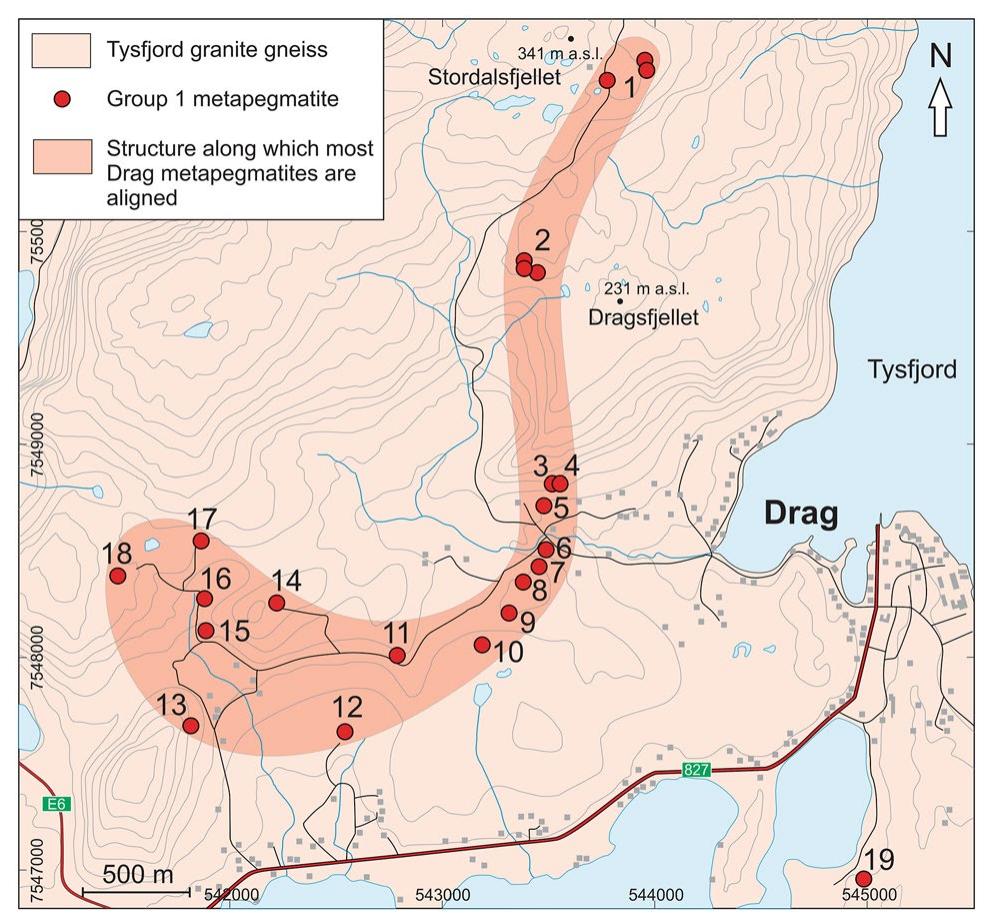 Geological map showing the metapegmatite locations in the