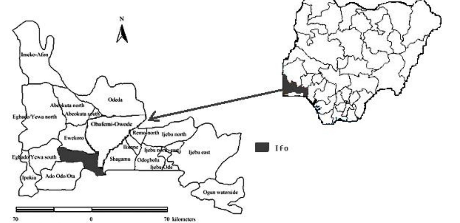Map of ogun state showing ifo local government area (inset