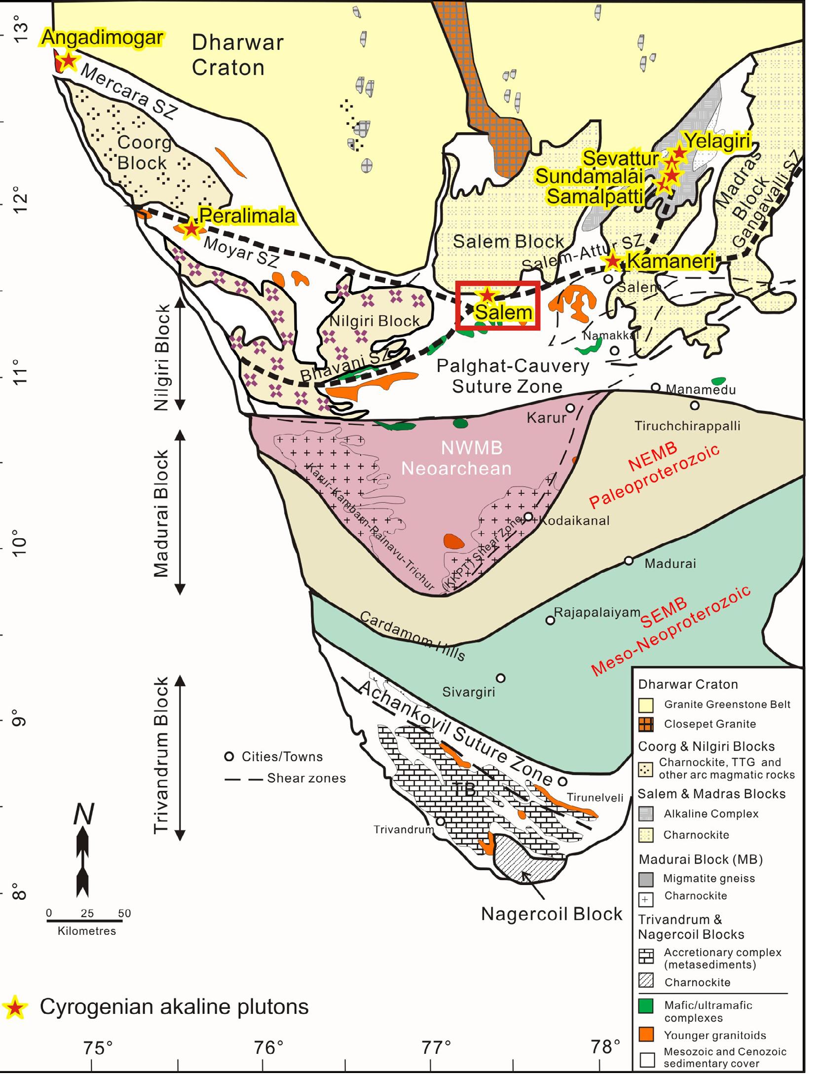 Generalized geological map of the southern granulite terrane