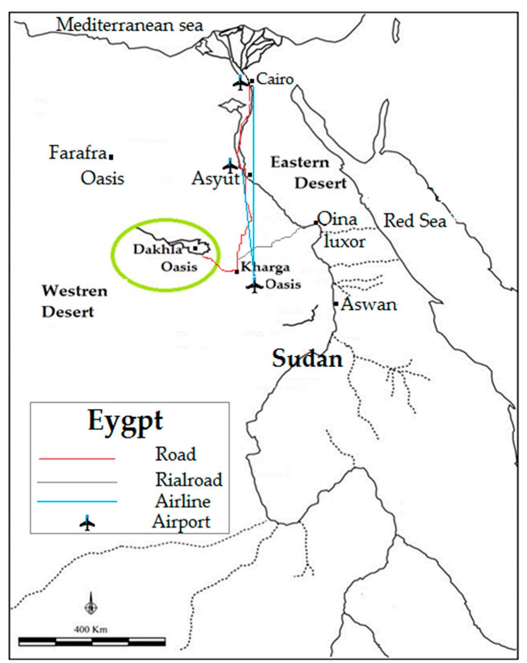 Map of egypt which shows dakhla oasis: located 189 km west