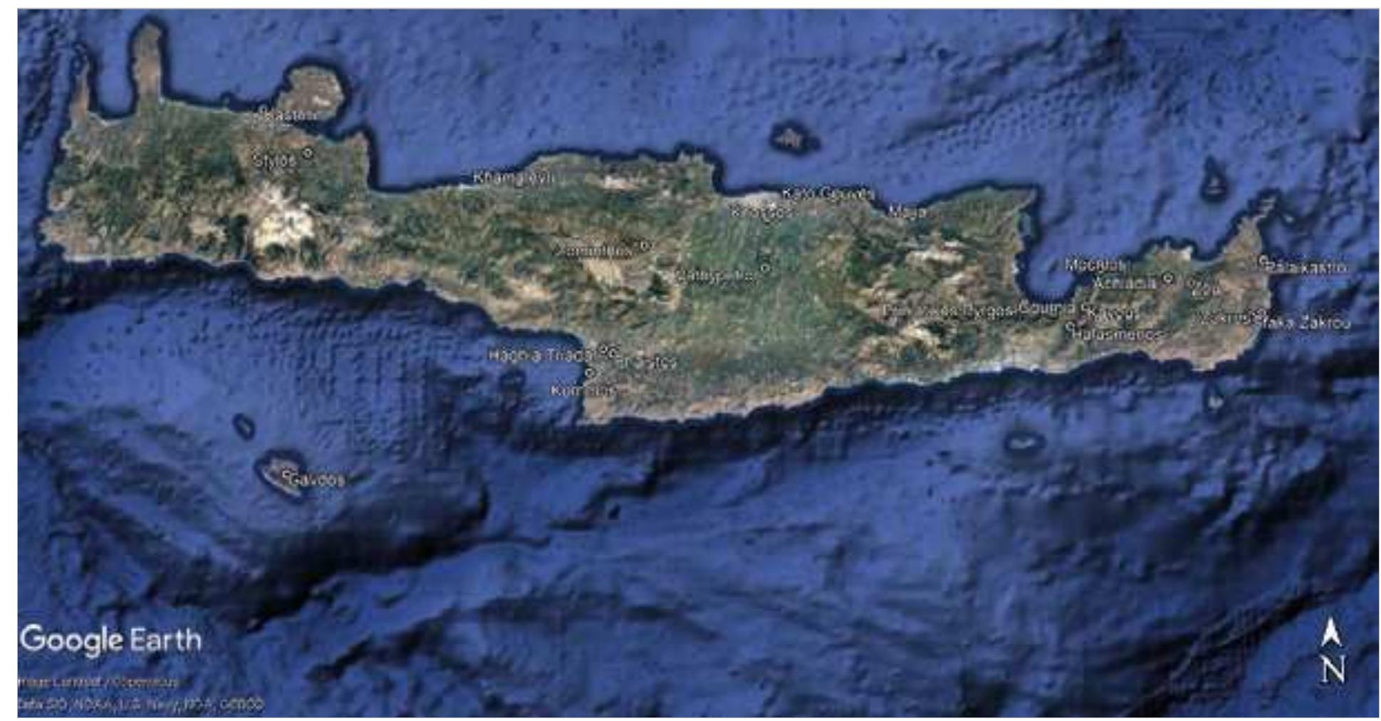 Map of crete with the kiln sites.
