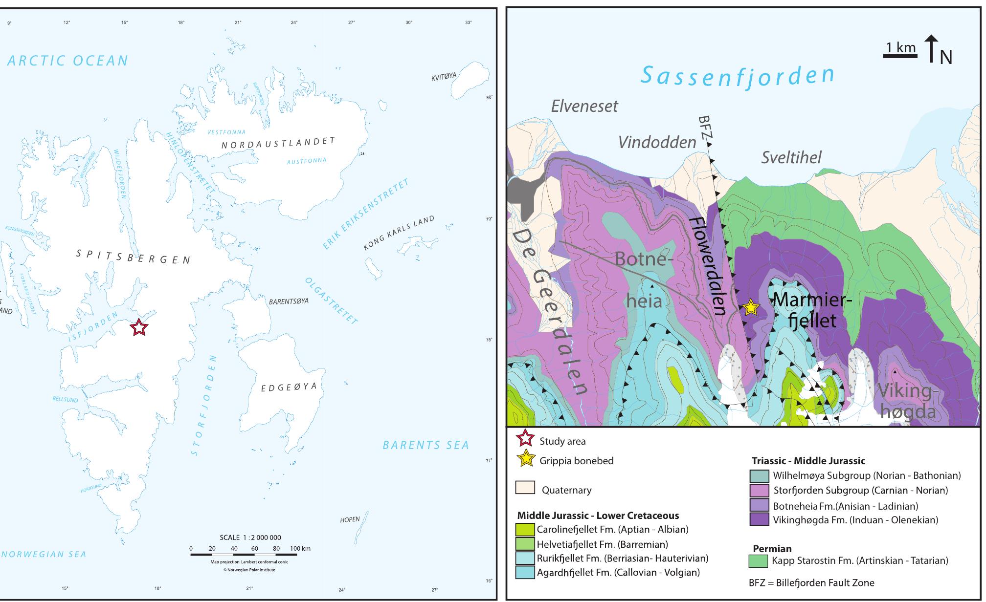 The map shows an overview of svalbard and geological map of